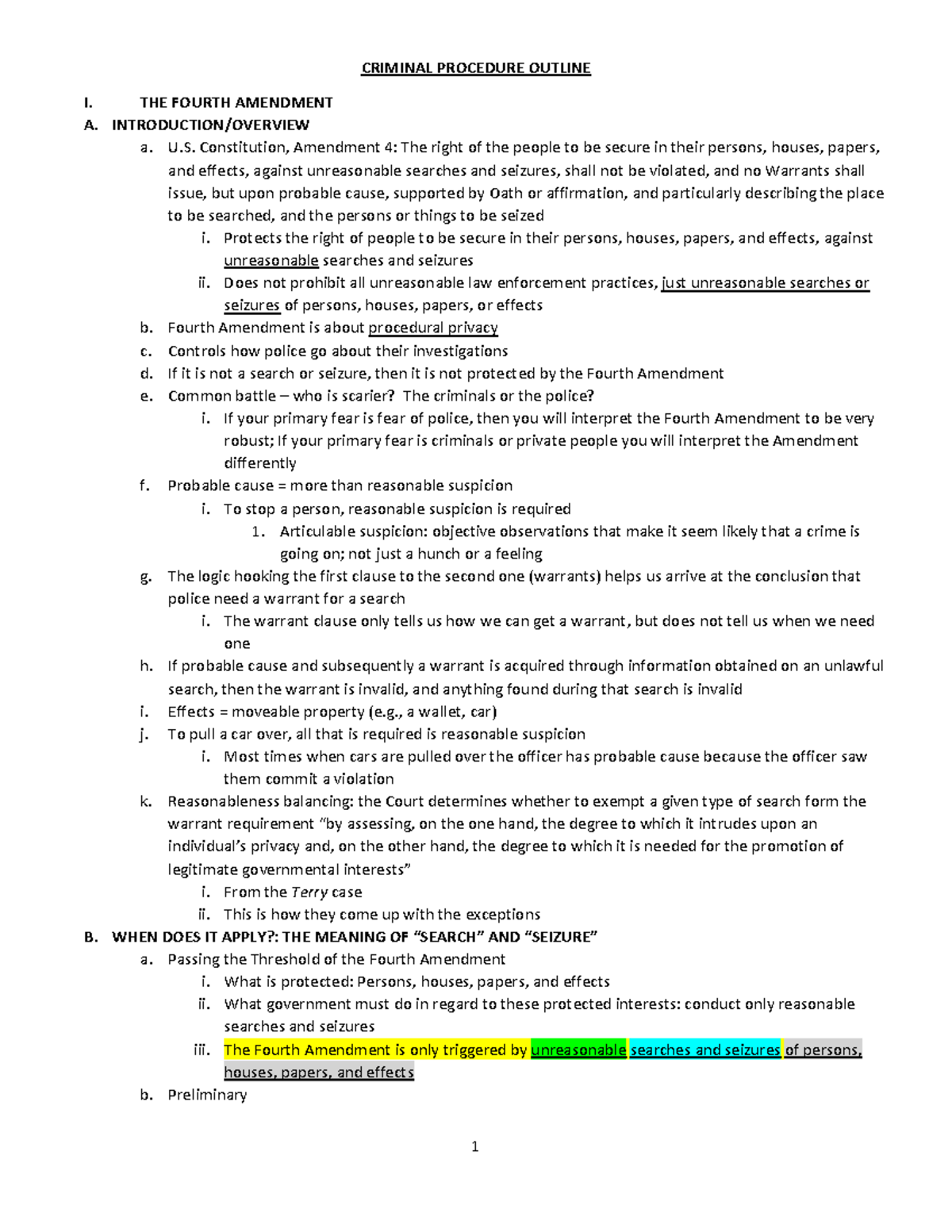 Criminal Procedure Outline (Colb) - CRIMINAL PROCEDURE OUTLINE I. THE ...