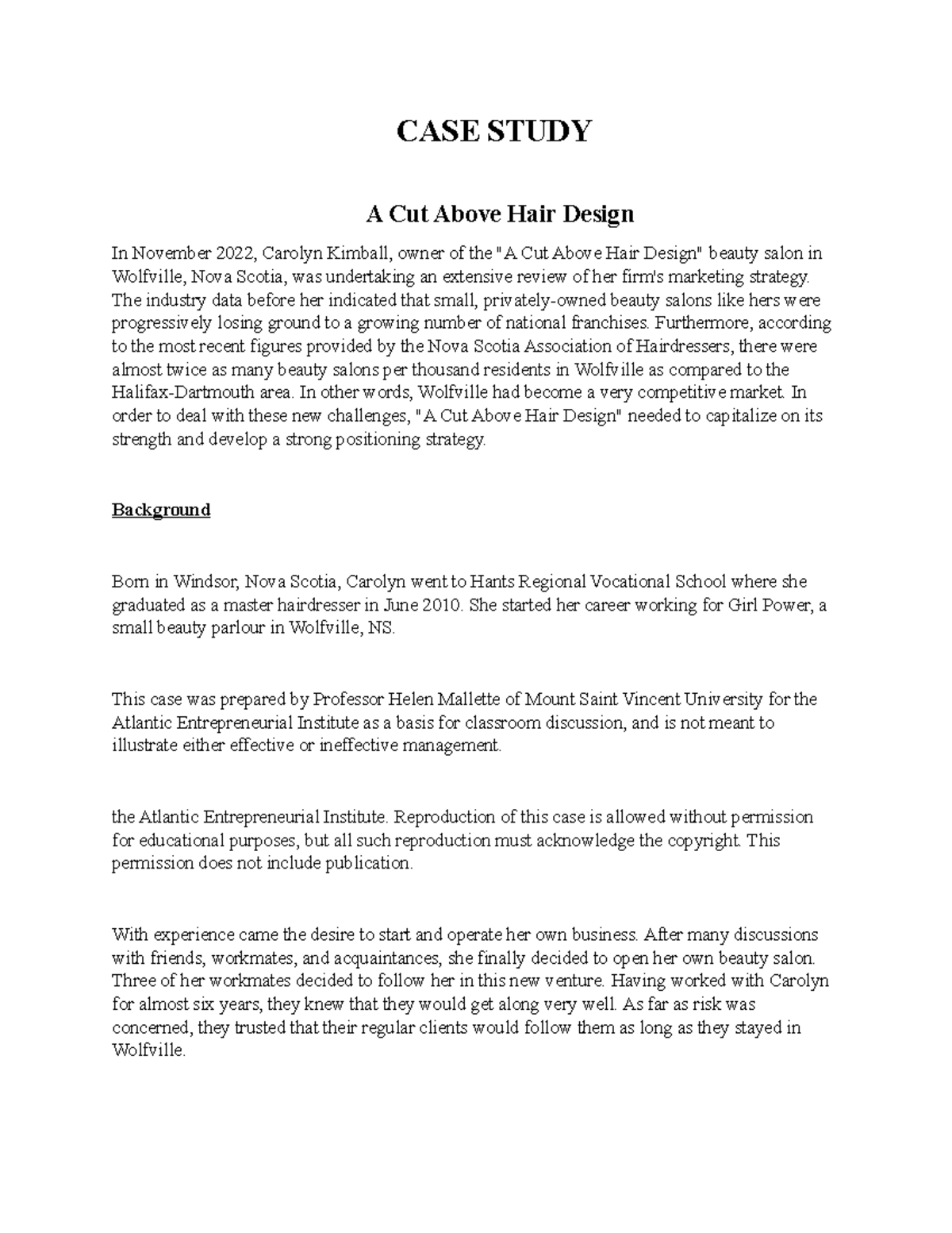 CASE Study 2 -A Cut Above Hair Design - CASE STUDY A Cut Above Hair ...