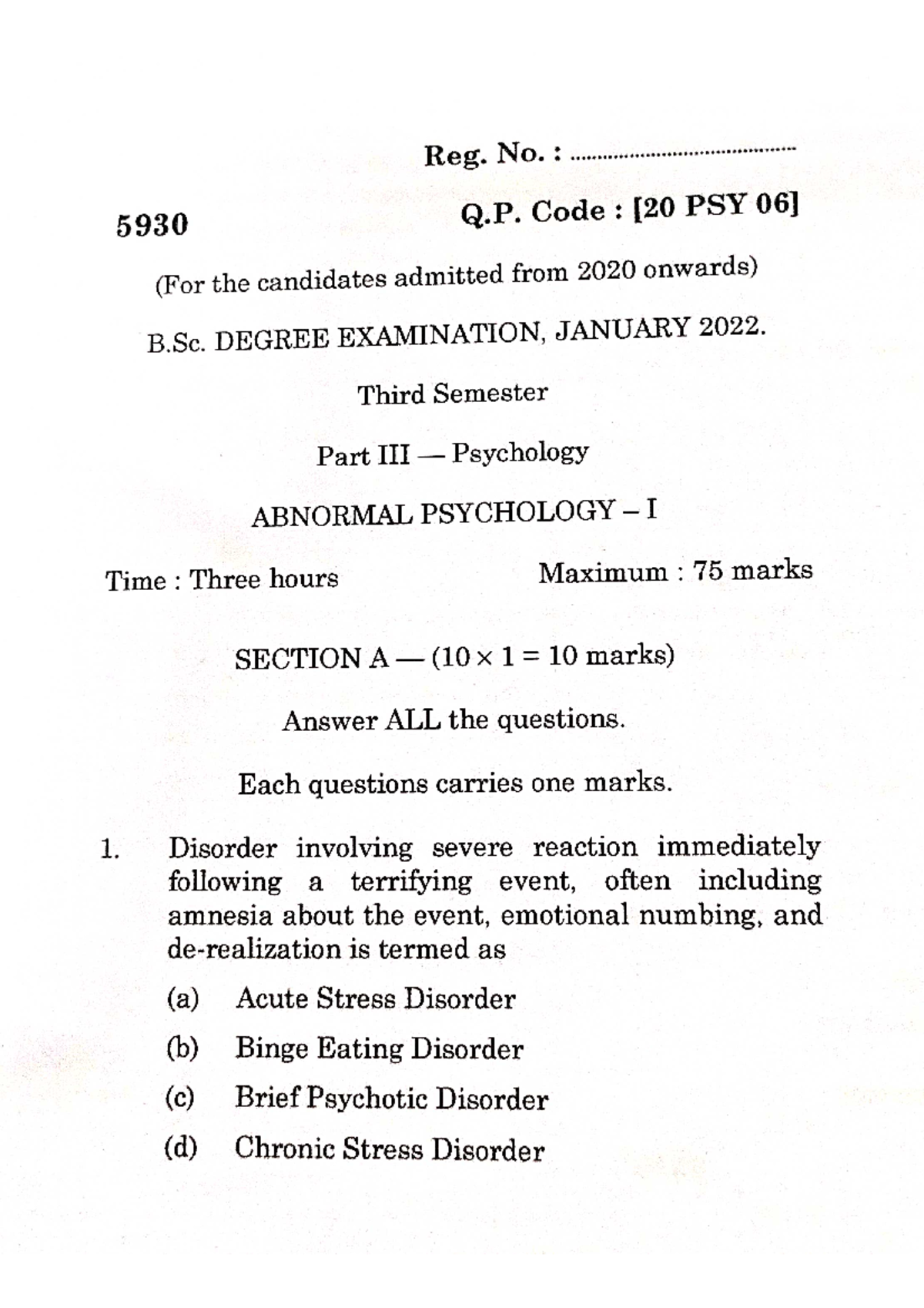Abnormal Jan 2022 Question paper - Abnormal Psychology - Studocu