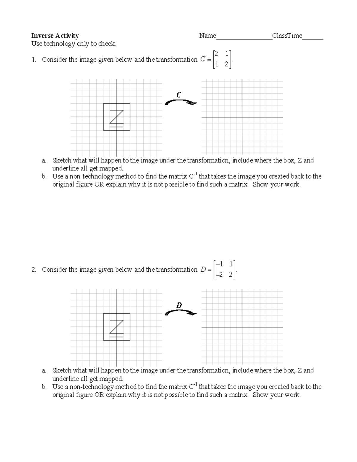 Homework 7 Inverse Z-box - Inverse Activity Use technology only to ...