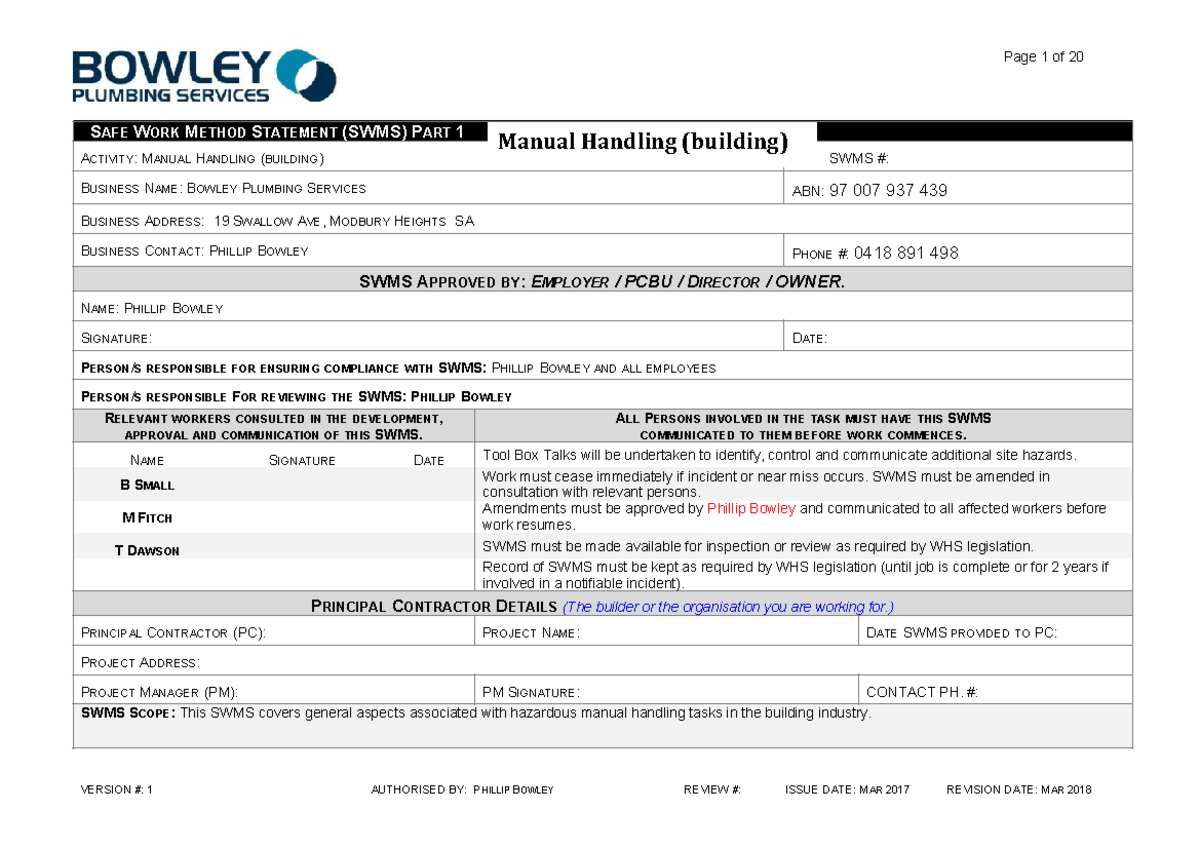 Manual Handling SWMS - Studocu