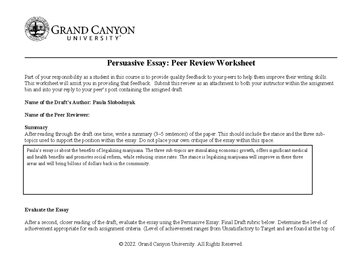 Peer Review Worksheet - Persuasive Essay: Peer Review Worksheet Part of ...
