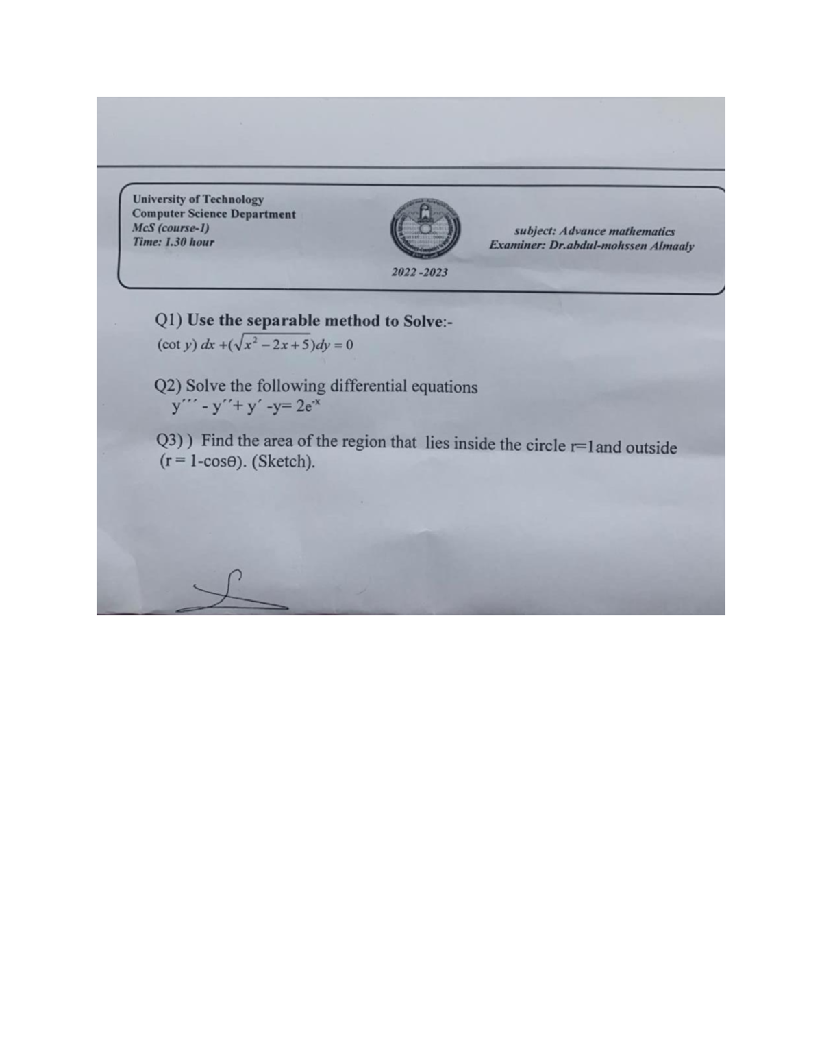 Math Questions - Advance Mathematic - Studocu