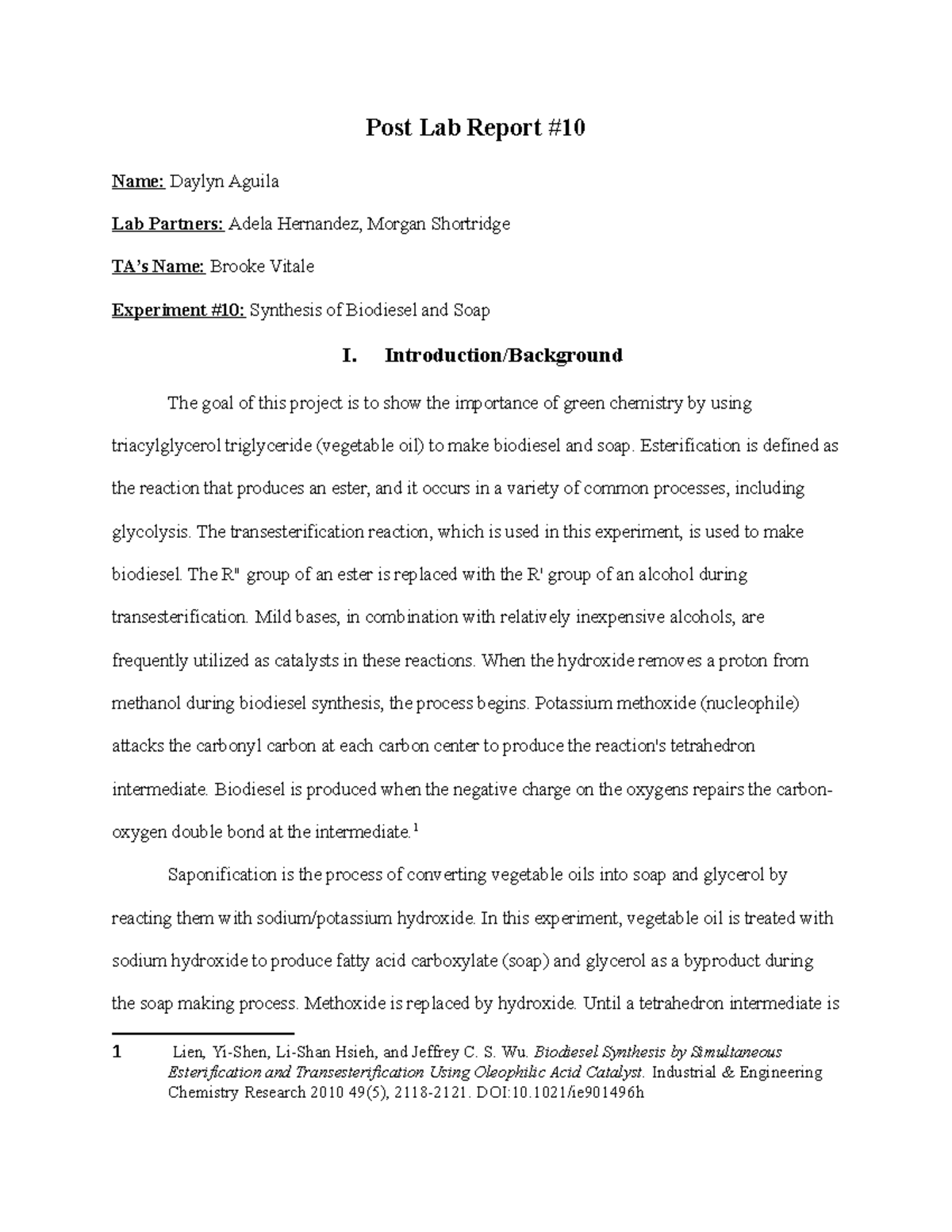 Post Lab Report #10 - Post Lab Report Name: Daylyn Aguila Lab Partners ...