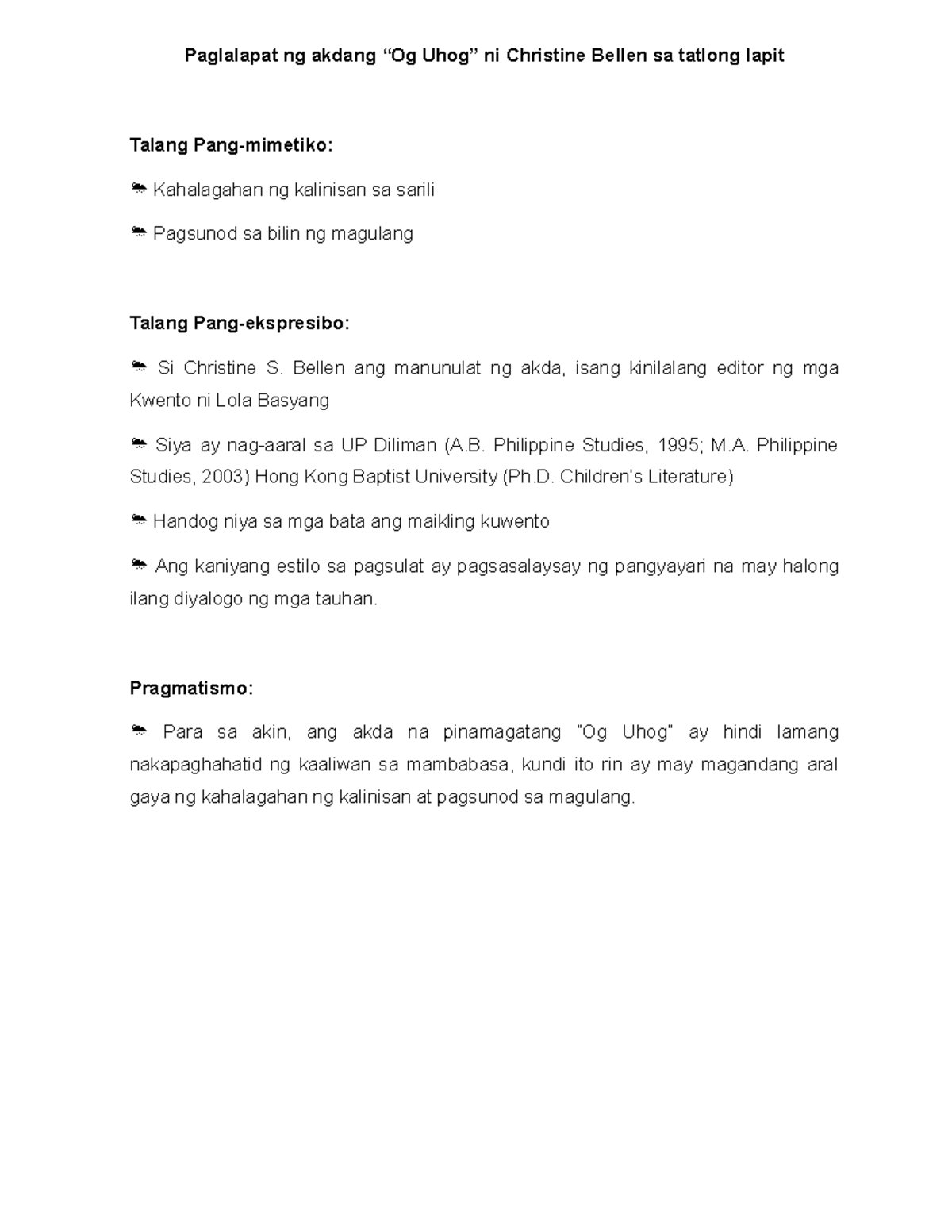 Paglalapat ng akdang “Og Uhog” ni Christine Bellen sa tatlong lapit ...