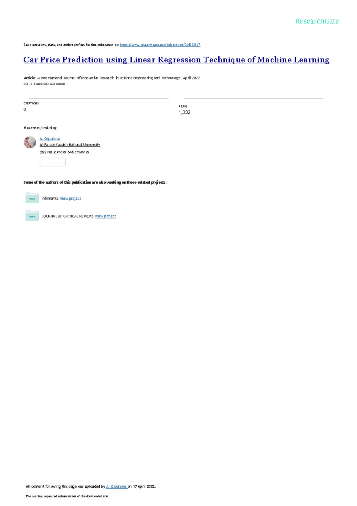 Car Price Predictionusing Linear Regression Techniqueof Machine ...