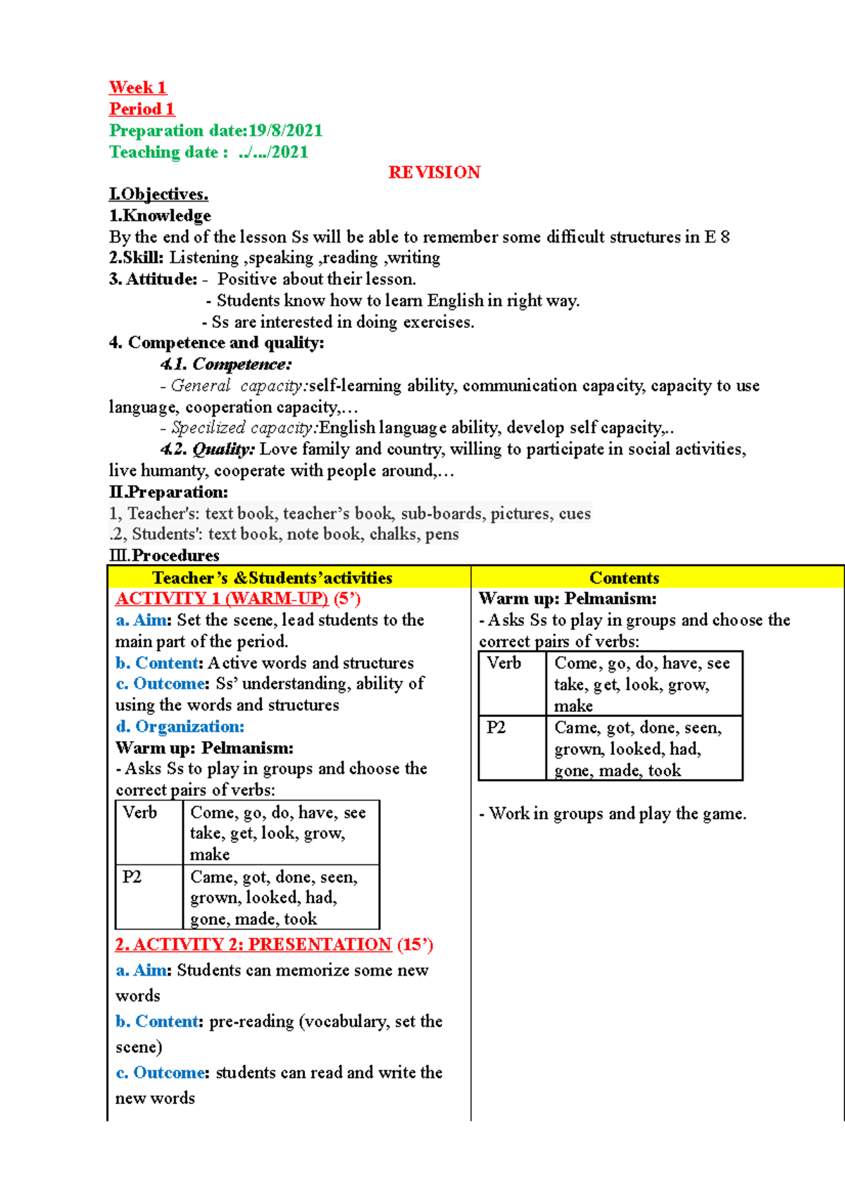 GA9-HKI-CV5512 - Lesson plan - Week 1 Period 1 Preparation date:19/8 ...