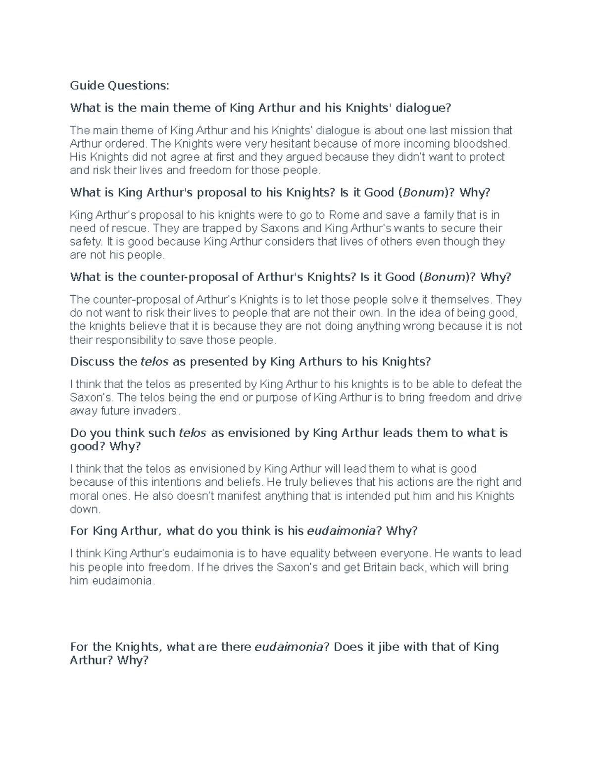 Castro King Arthur Ethicsl - Guide Questions: What is the main theme of ...