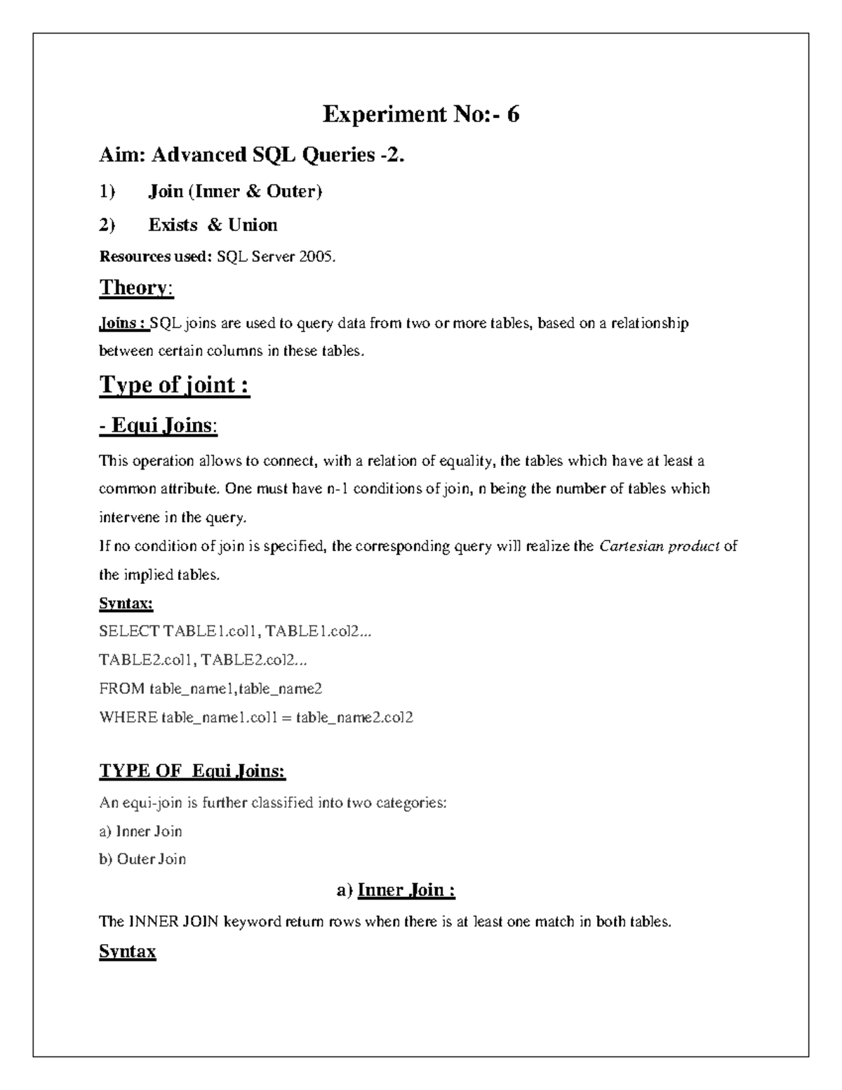 Dbmspdf Dbms Practical Experiment No 6 Aim Advanced Sql Queries 2 1 Join Inner