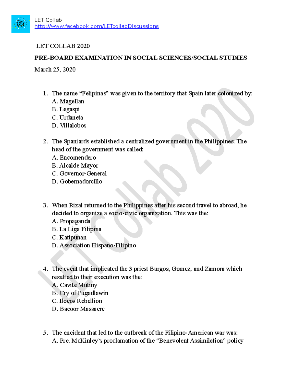 Preboard SOC SCI LET - facebook/LETcollabDiscussions LET COLLAB 2020 ...