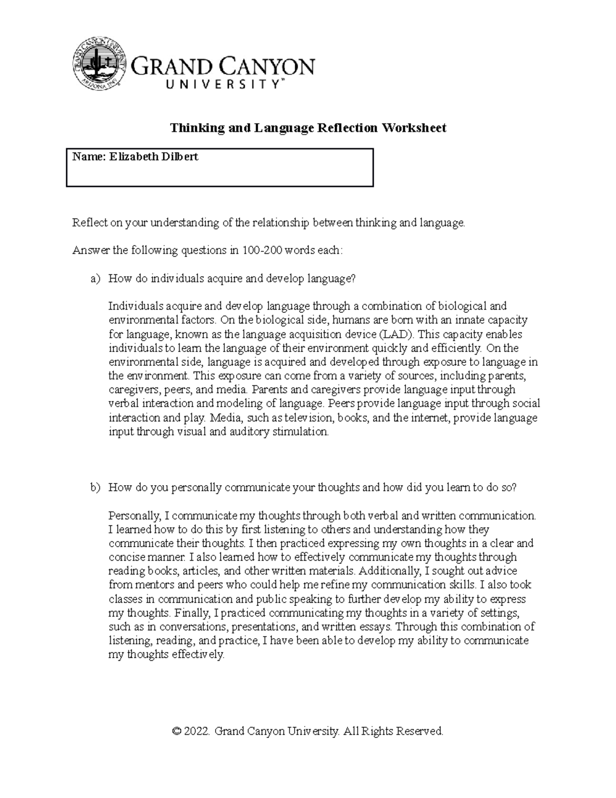 PHI105 - thinking and language reflection worksheet - Thinking and ...