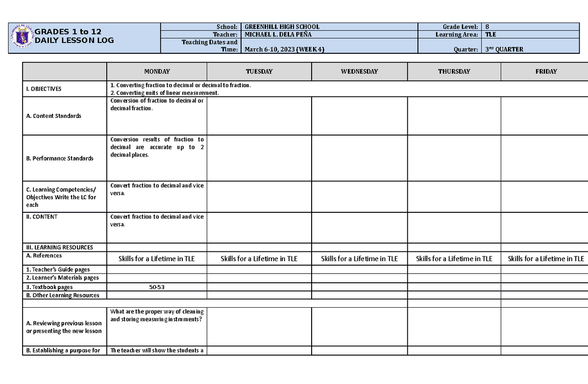 DLL TLE8 Q3 w4 - tle - GRADES 1 to 12 DAILY LESSON LOG School: GREENHILL HIGH SCHOOL Grade Level ...
