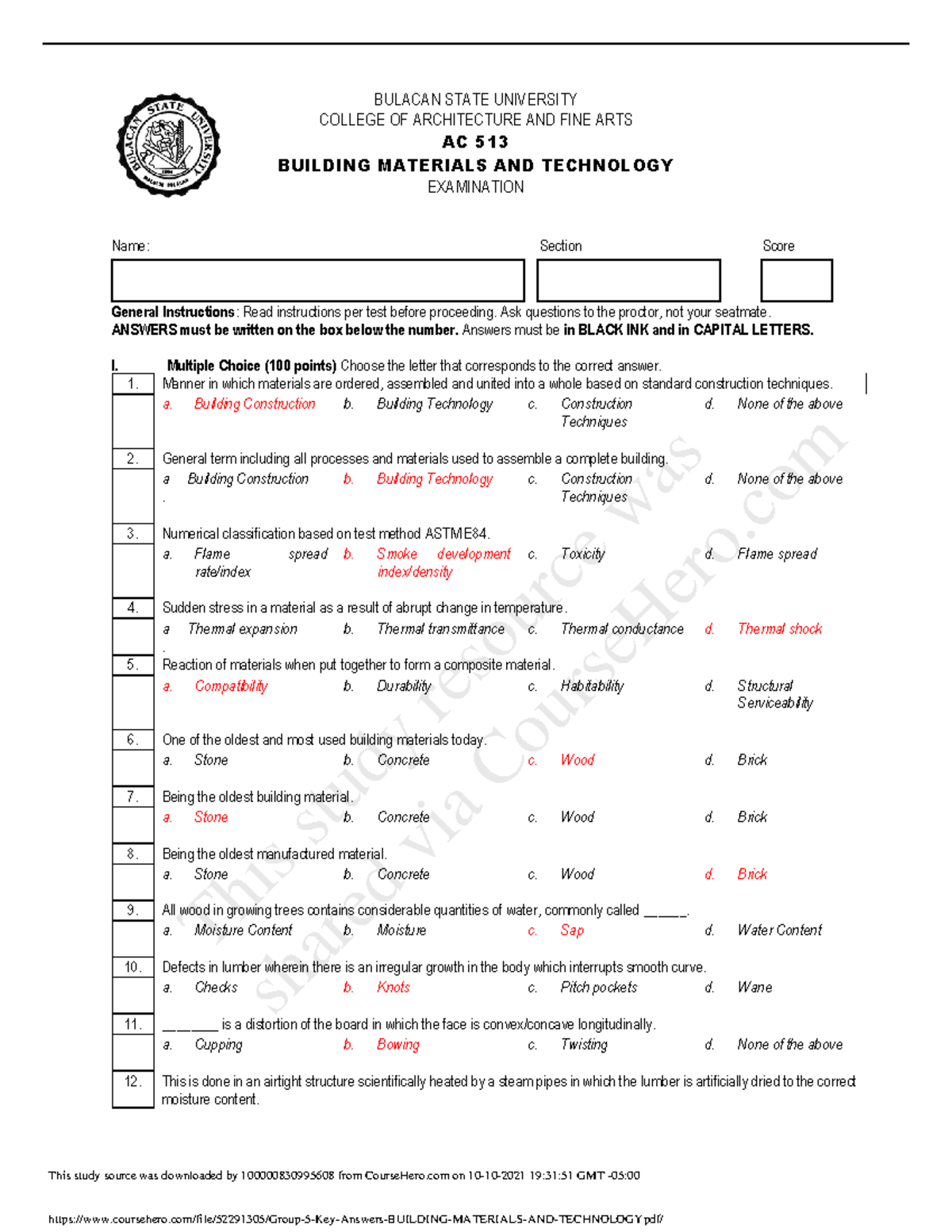 Group 5 Key Answers Building Materials AND Technology - Civil ...