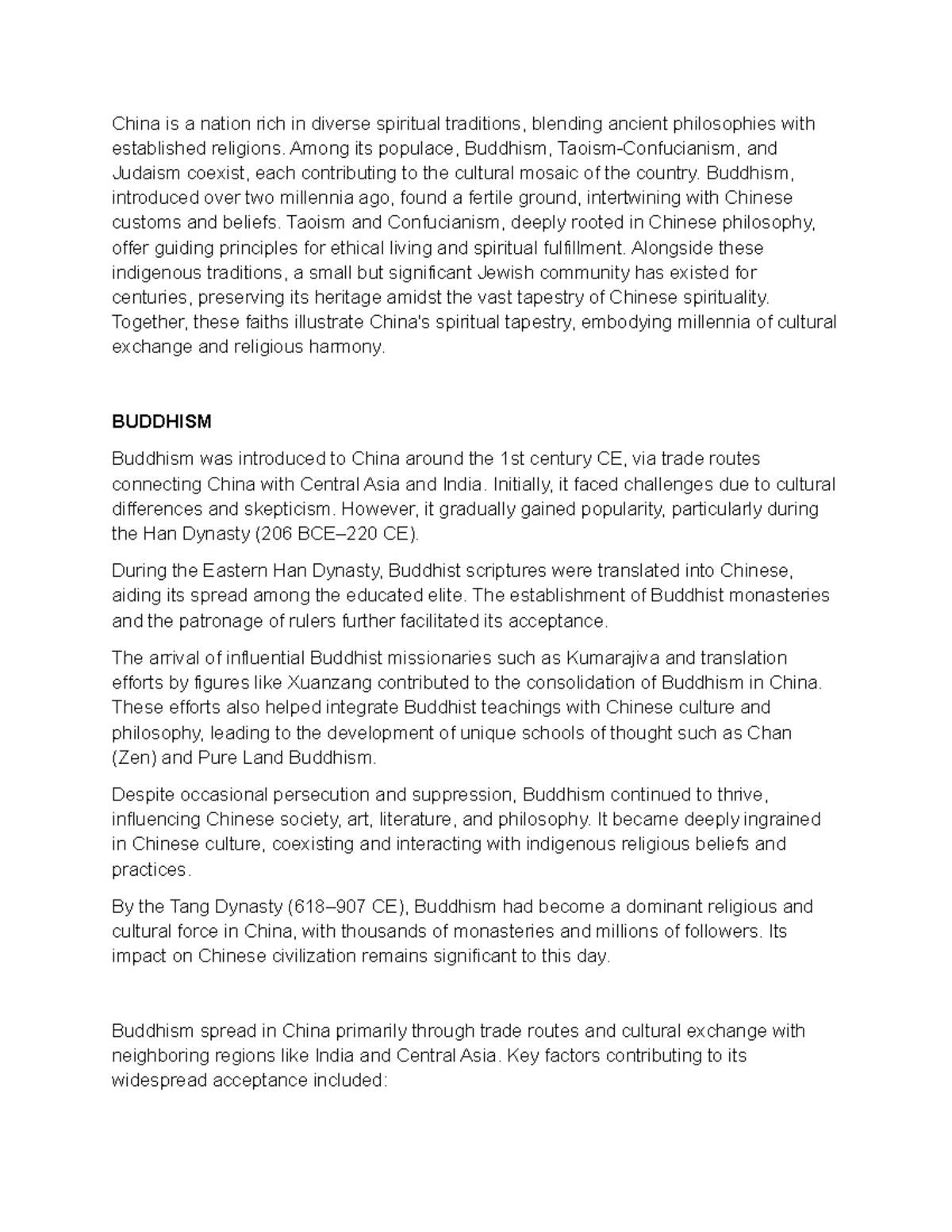 Religious Midterm Exam - China is a nation rich in diverse spiritual ...