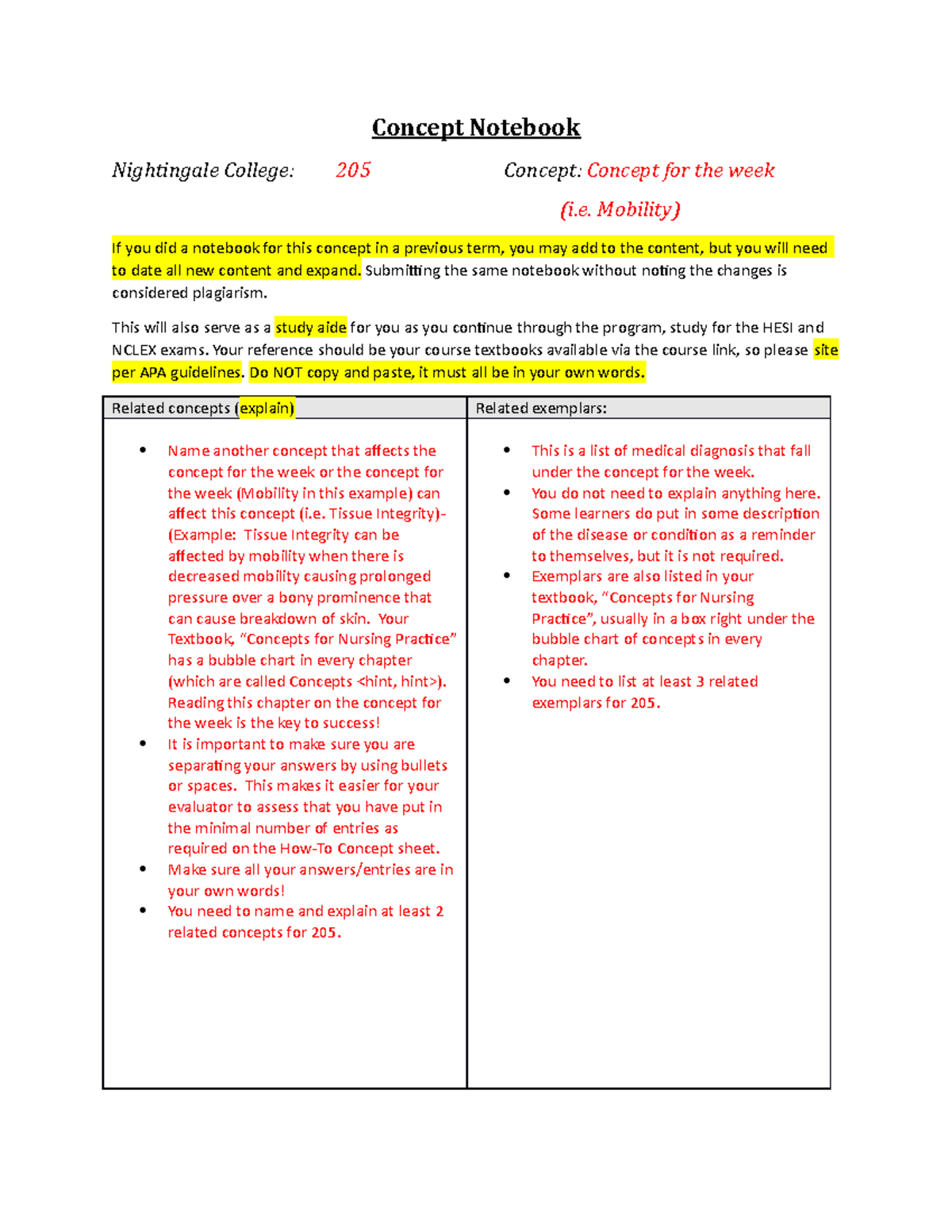 Instructions for Concept Notebook - Concept Notebook Nightingale ...