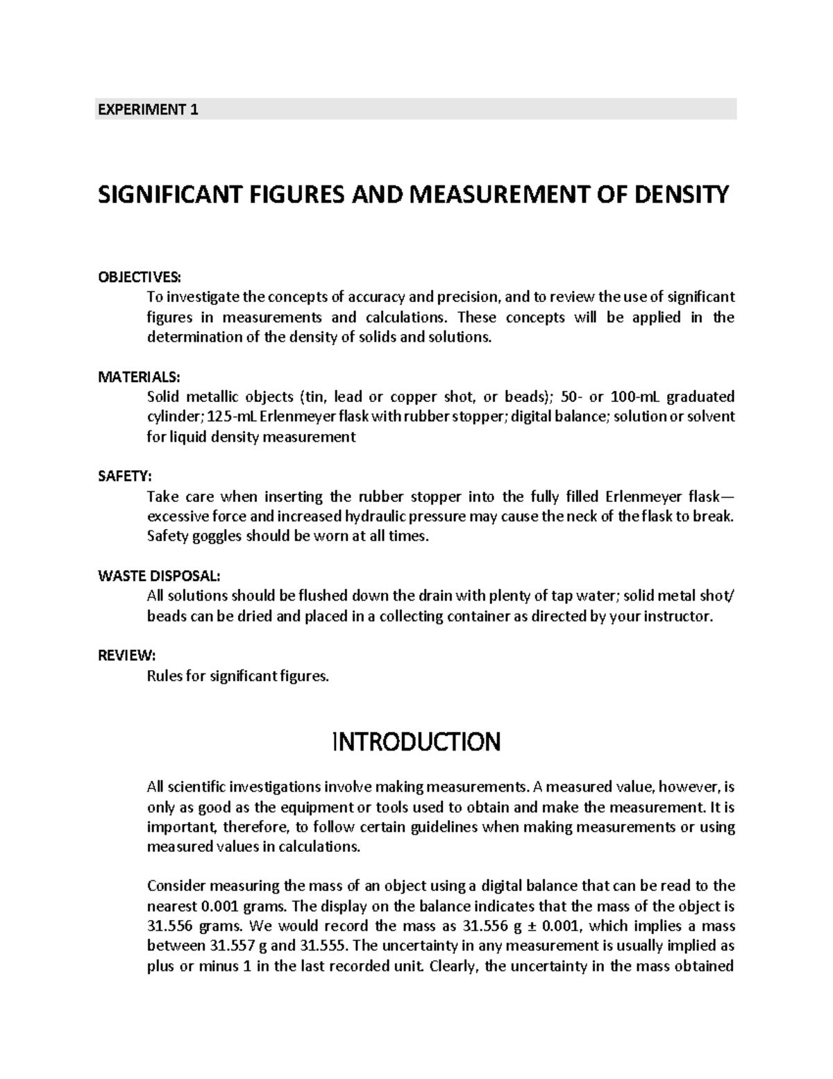 Lab 1 Experiment 3 - Lab report 1 - EXPERIMENT 1 SIGNIFICANT FIGURES ...