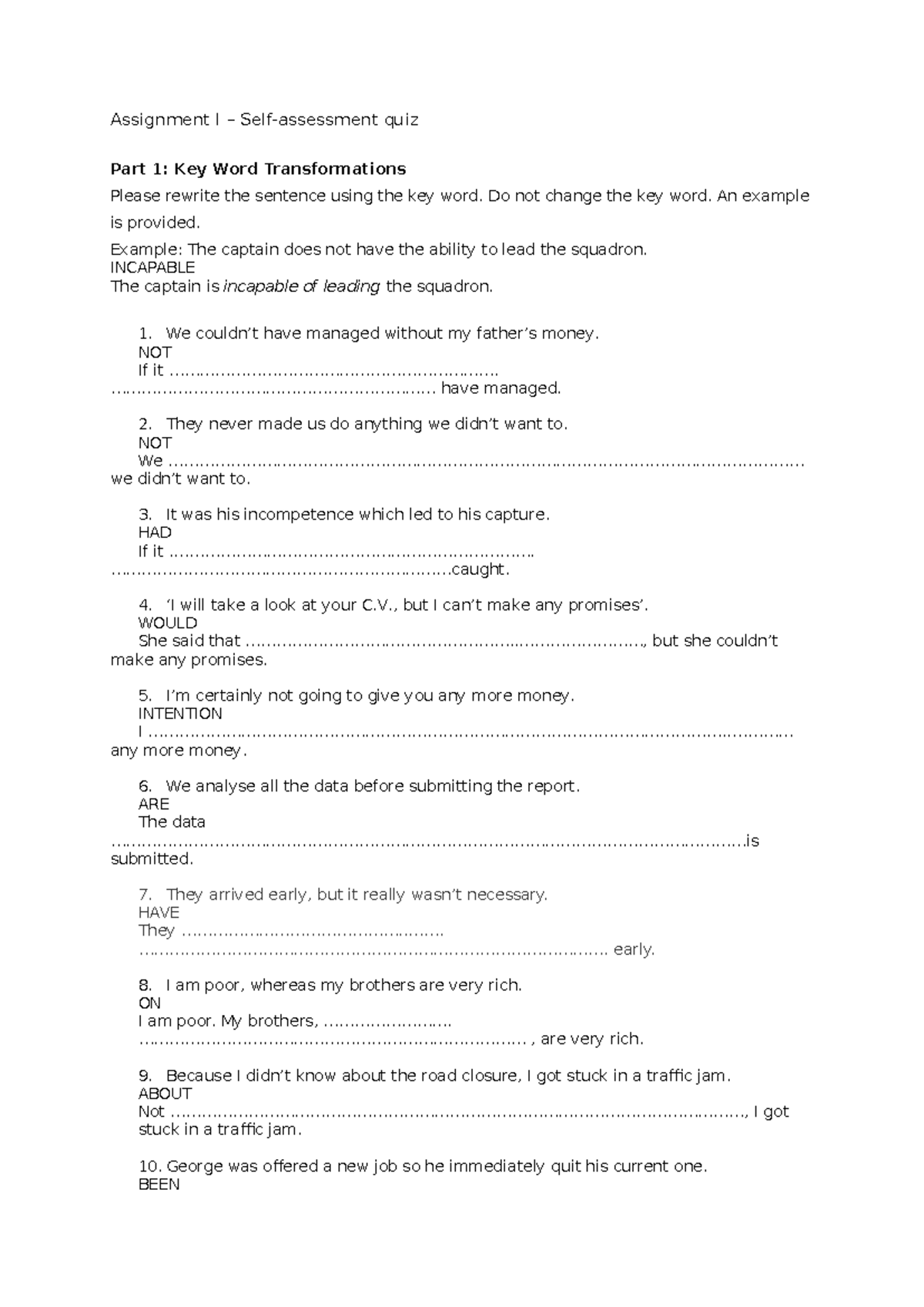 Assignment I self-assessment quiz - Assignment I – Self-assessment quiz ...