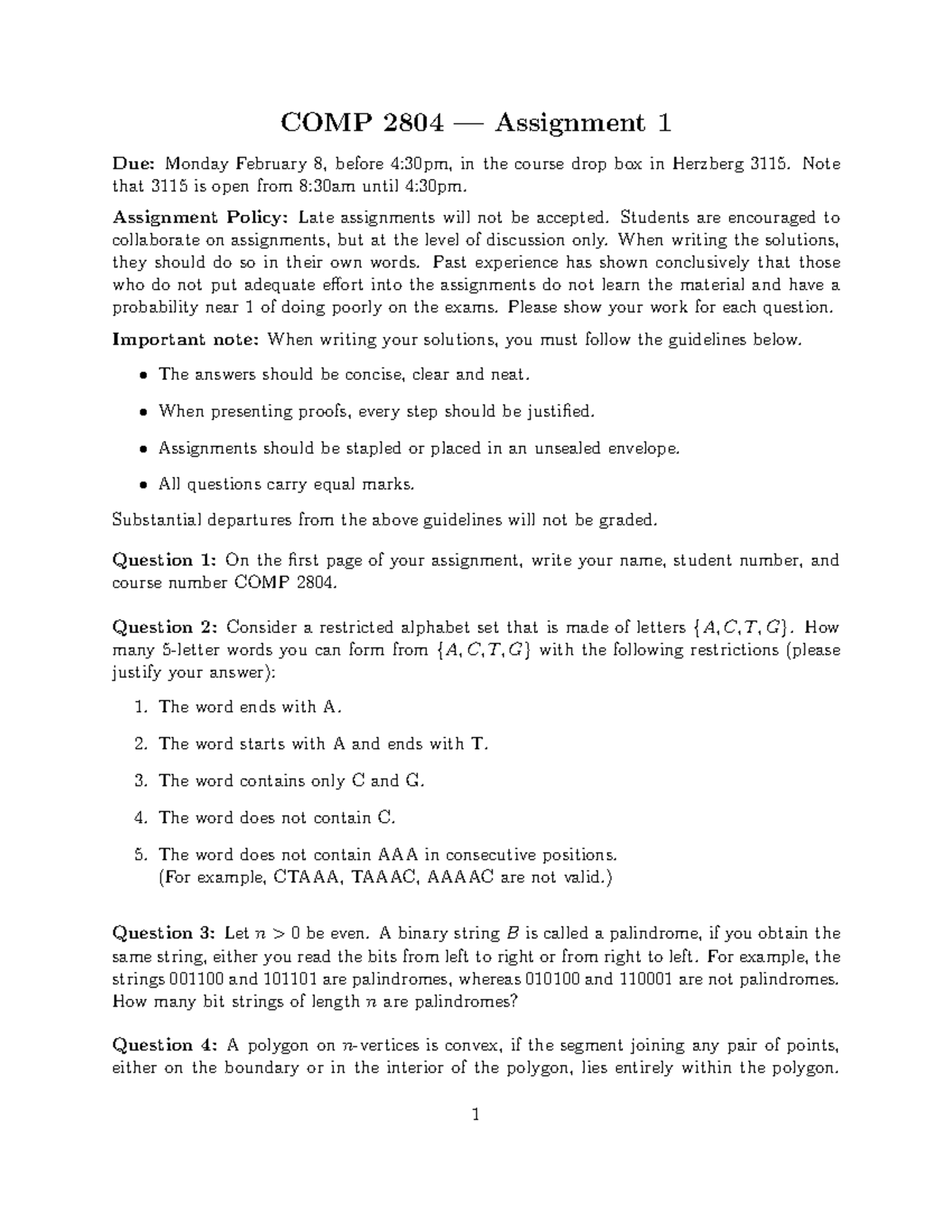 Assignment 1 - Questions - COMP 2804 — Assignment 1 Due: Monday February 8, before 4:30pm, in ...