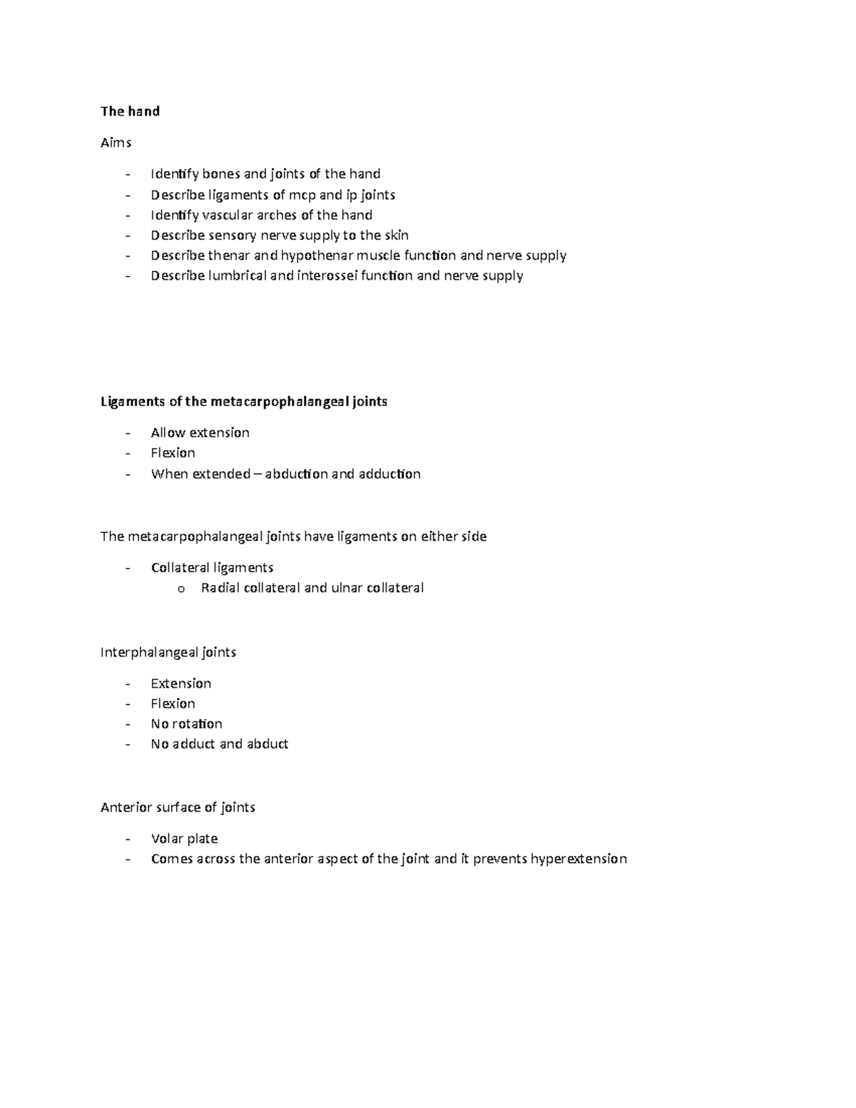 Lecture notes Human anatomy 100 - The hand Aims - Identify bones and ...