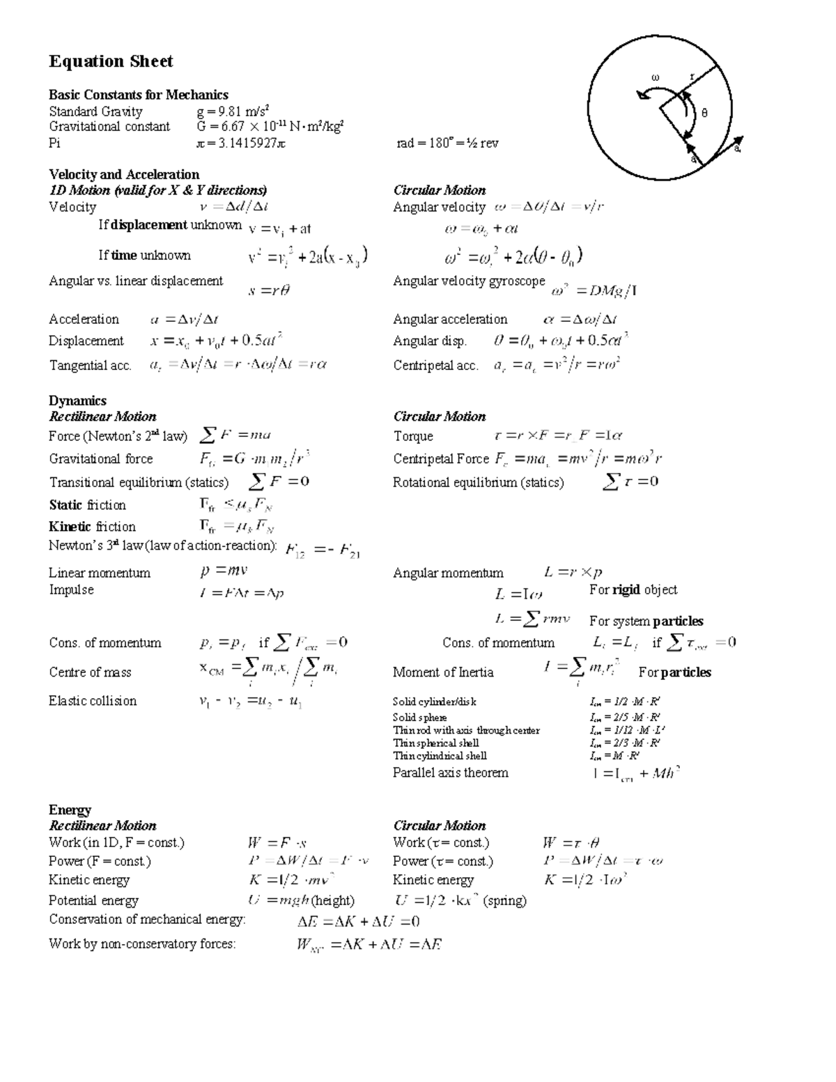 Phys 131 Equation Sheet Equation Sheet Basic Constants For Mechanics