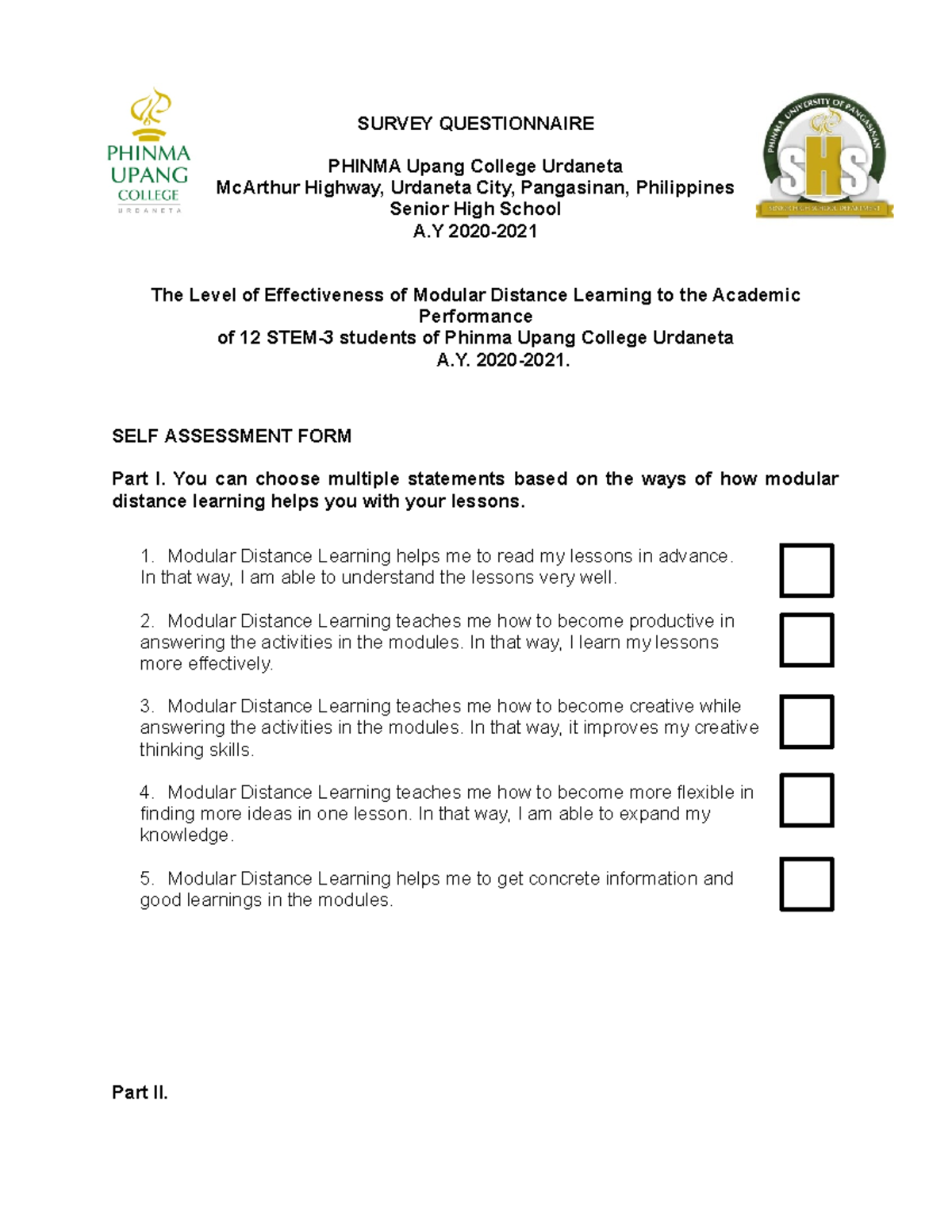Research Instrument - SURVEY QUESTIONNAIRE PHINMA Upang College ...