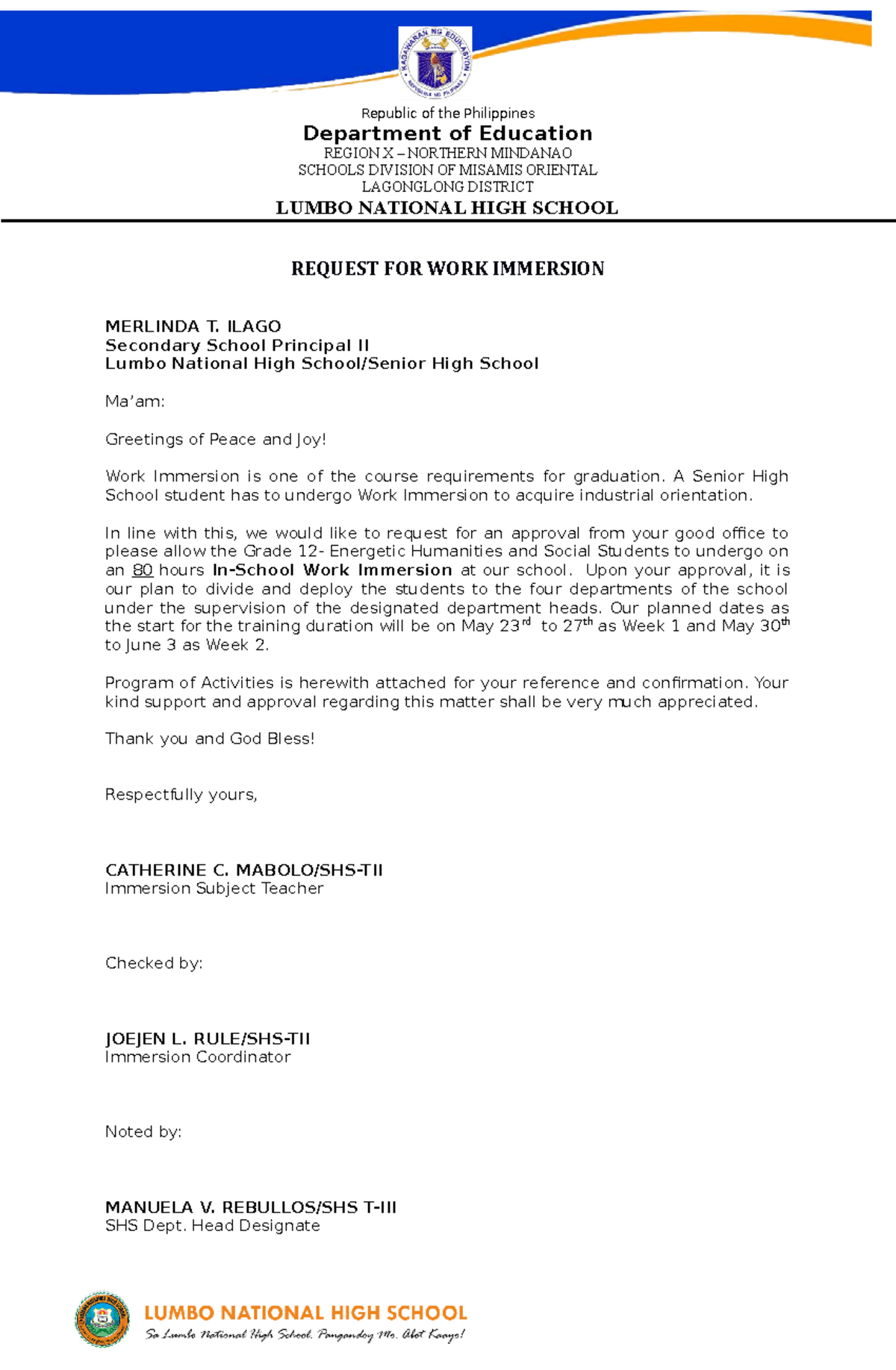 Immersion Program of Activities - Republic of the Philippines ...