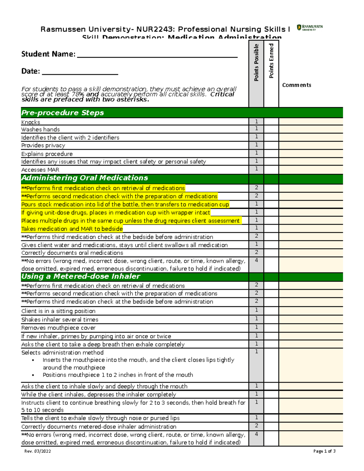 NUR2243 Skill Demonstration Checklist - Medication Administration 03 ...