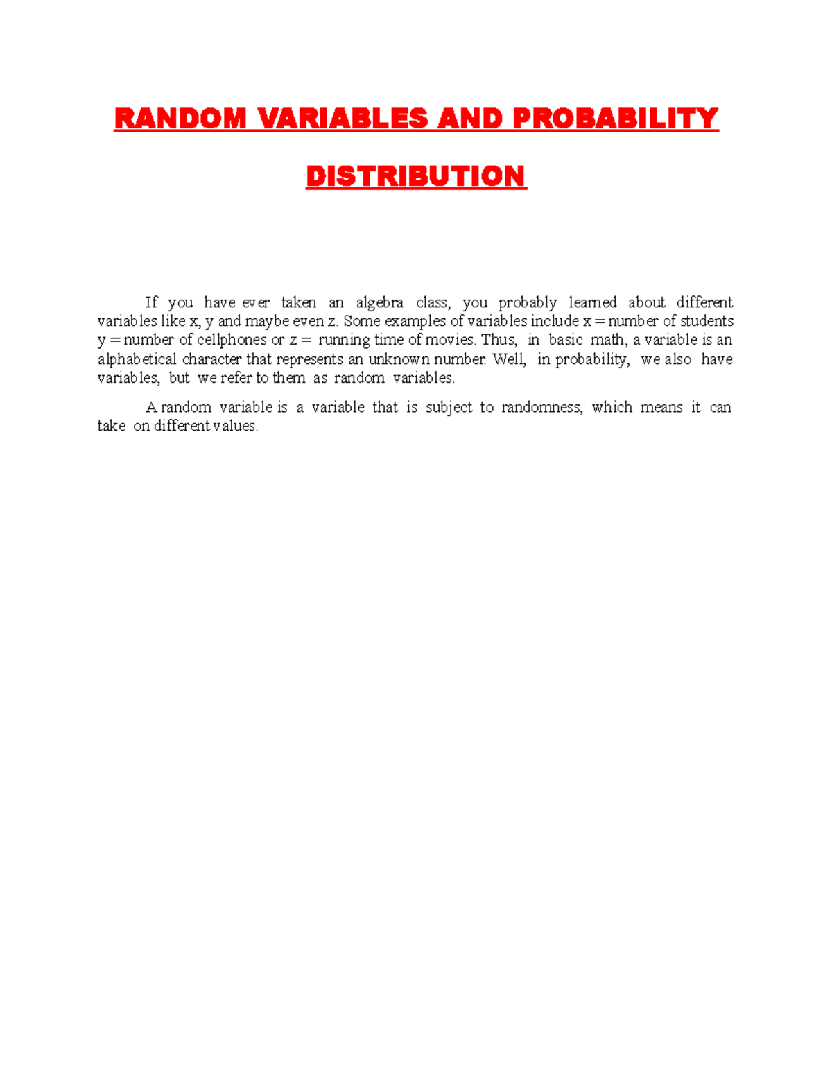 Random Variables AND Probability Distribution - RANDOM VARIABLES AND ...