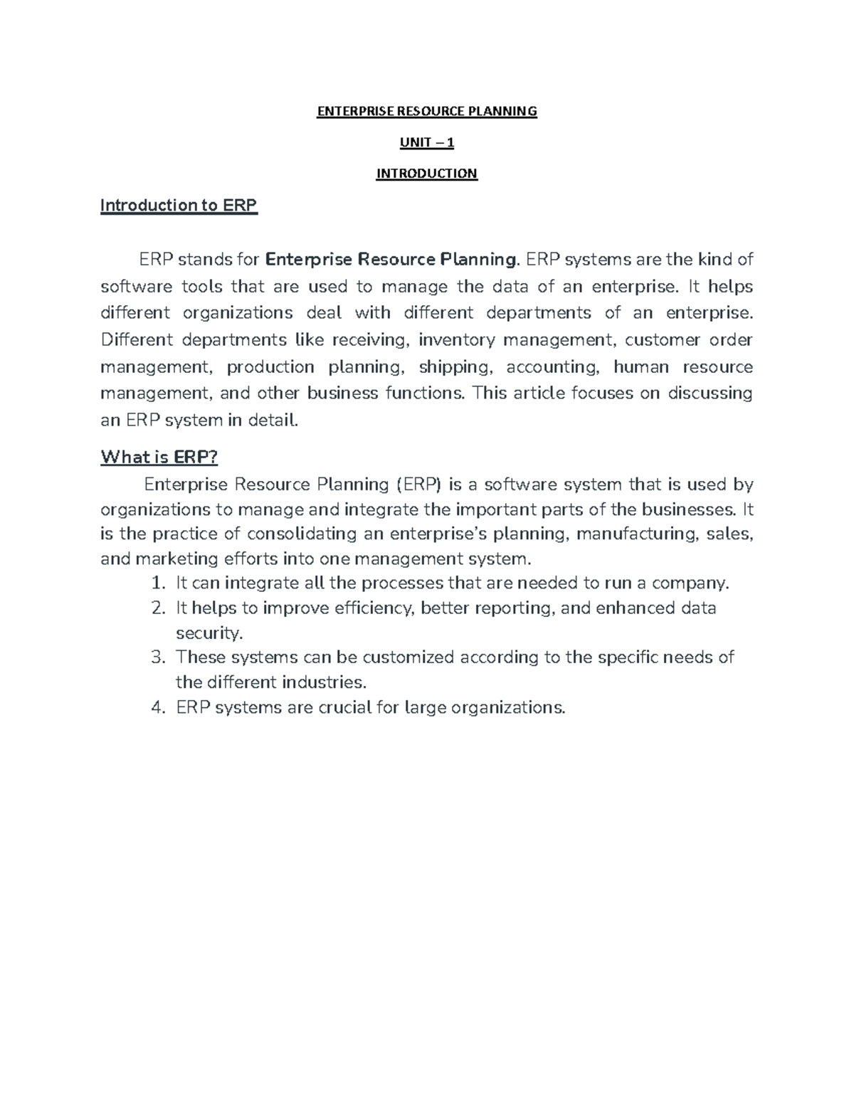 Enterprise Resource Planning Unit - 1 - ENTERPRISE RESOURCE PLANNING UNIT – 1 INTRODUCTION ...