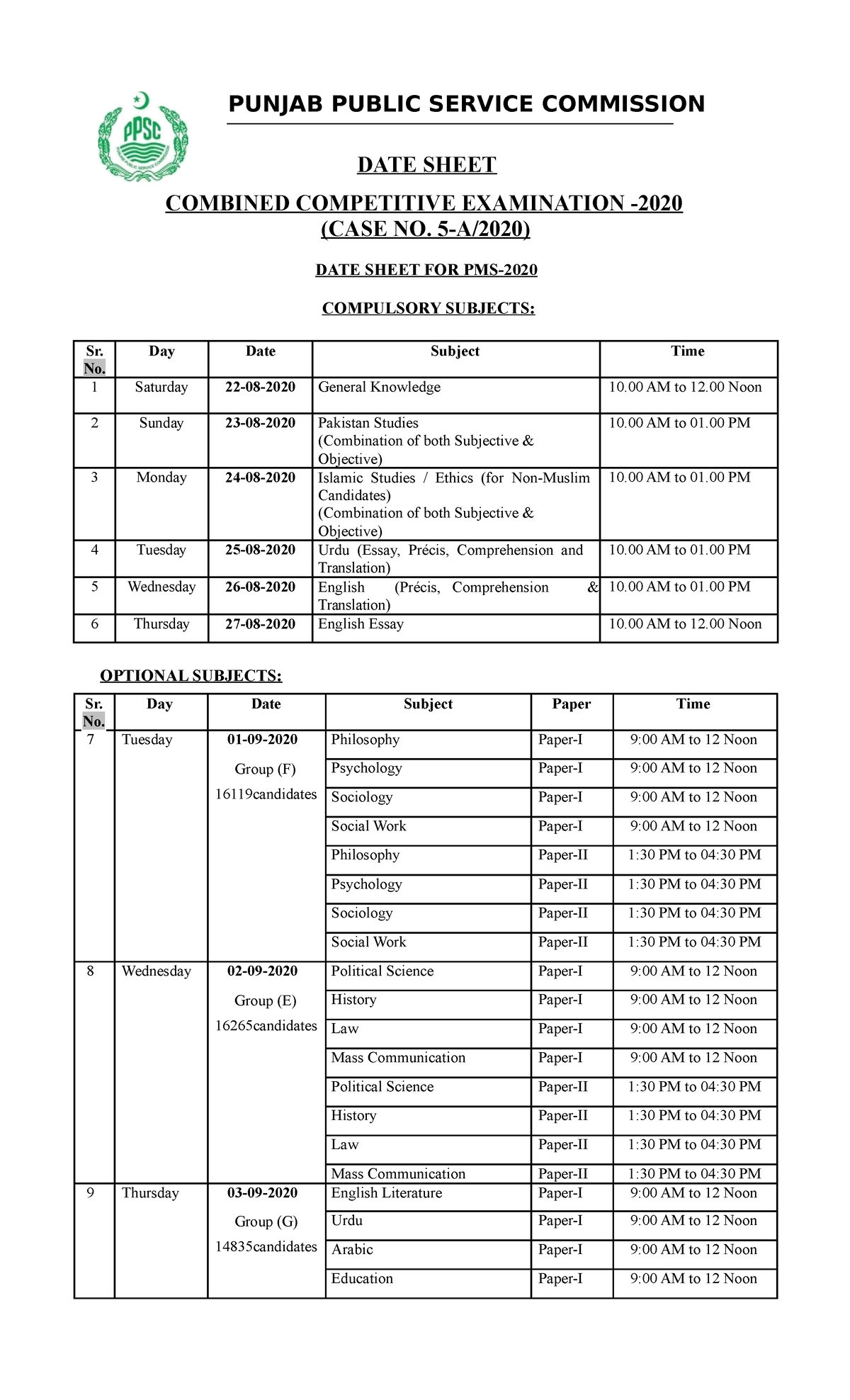 Date sheet of pms exam - PUNJAB PUBLIC SERVICE COMMISSION DATE SHEET ...