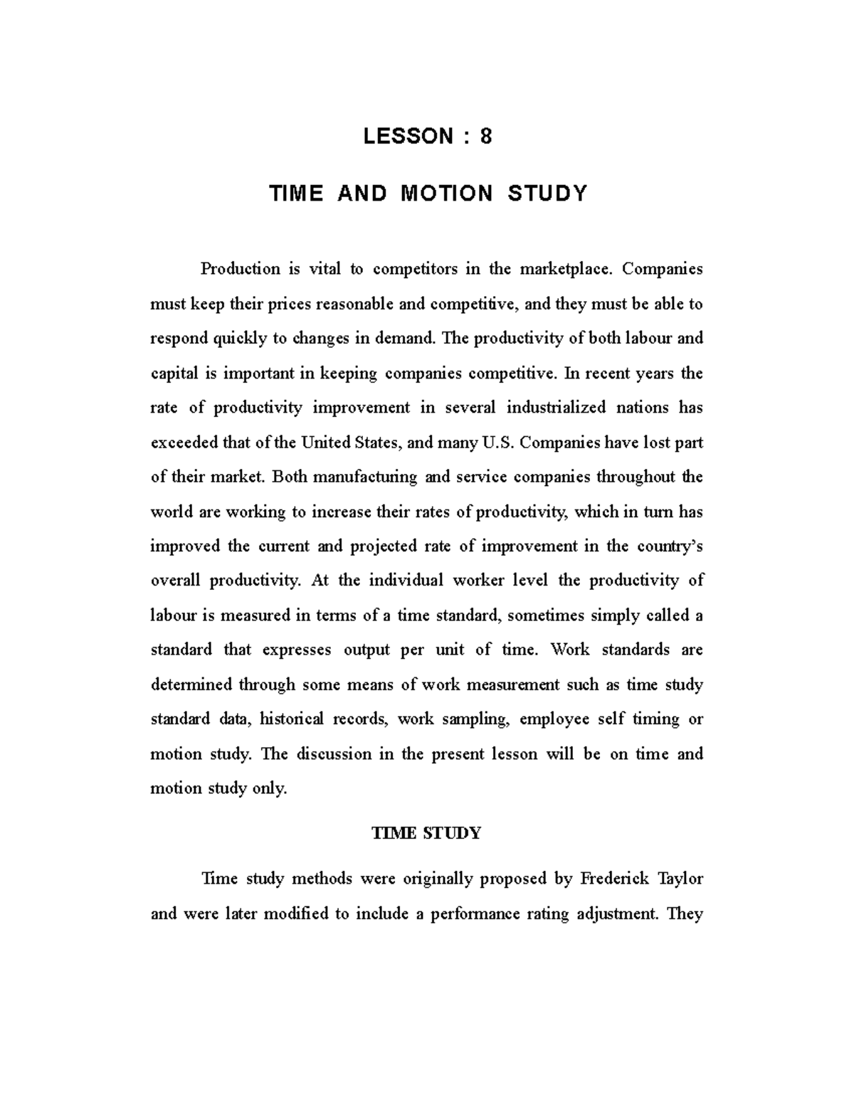 Lesson 8 - Its lecture notes - LESSON : 8 TIME AND MOTION STUDY ...