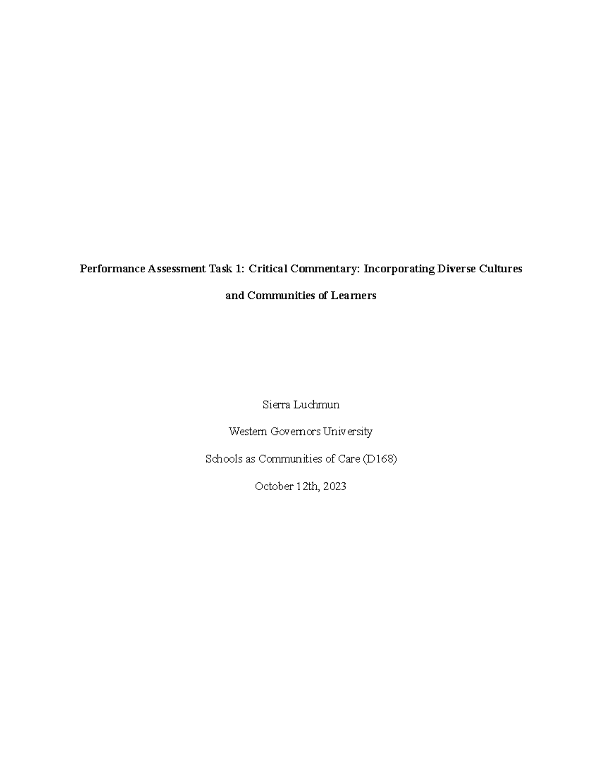 Luchmun Task 1 Critical Commentary Incorporating Diverse Cultures and ...