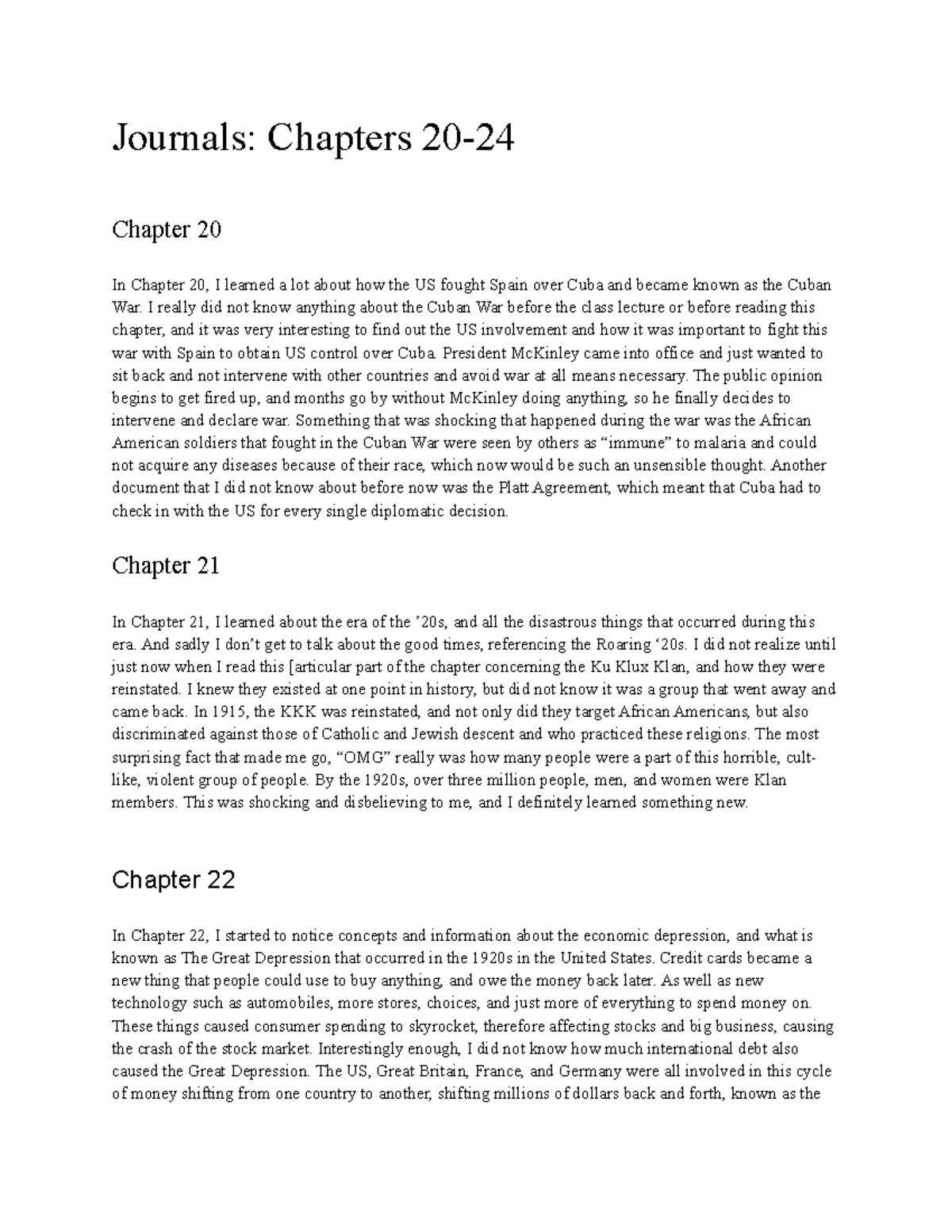 HIST 2620- Journals 20-24 - Journals: Chapters 20- Chapter 20 In ...