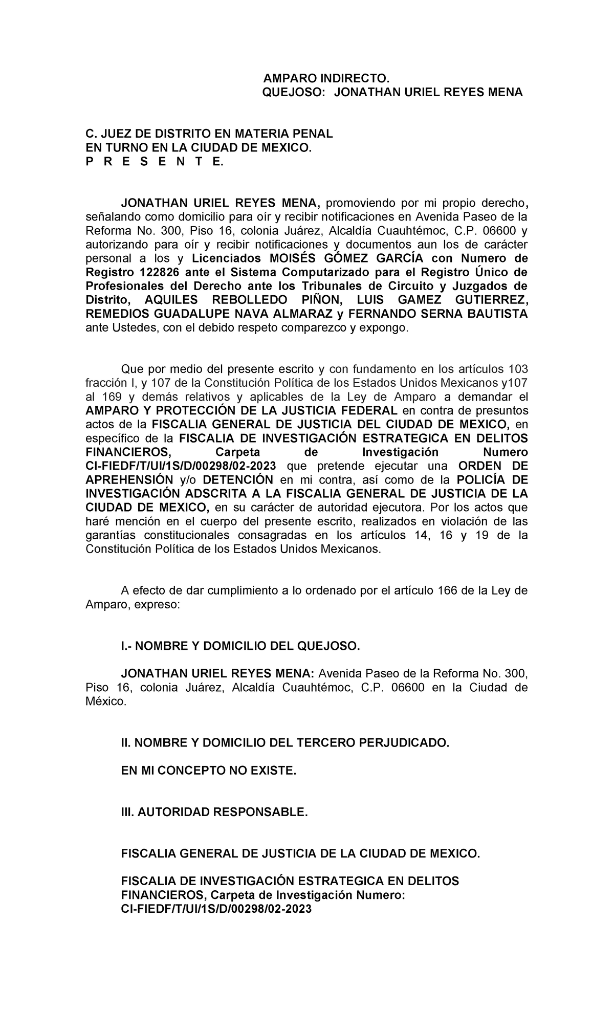 Amparo Indirecto Jonathan - AMPARO INDIRECTO. QUEJOSO: JONATHAN URIEL ...