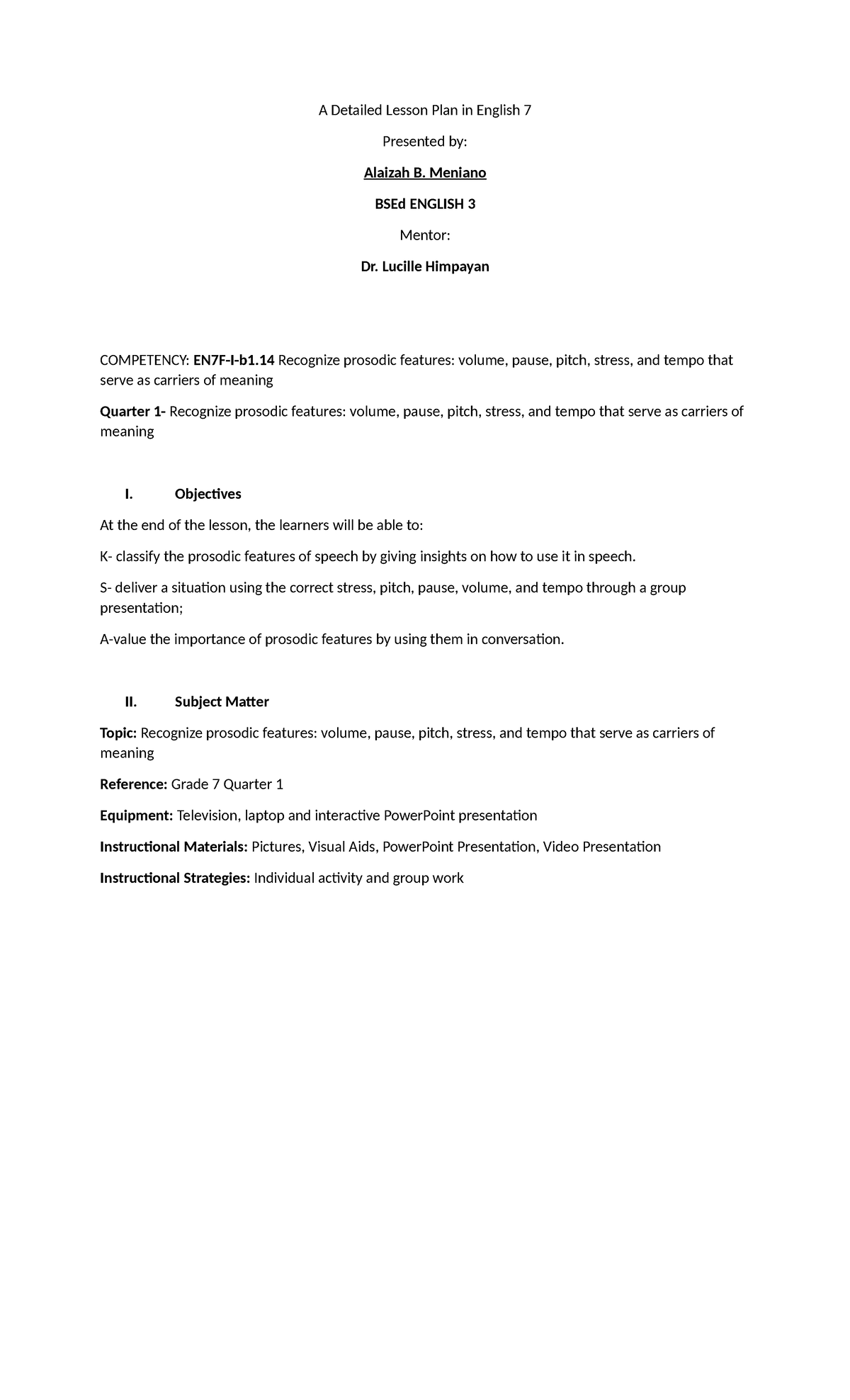 A Detailed Lesson Plan in English 7 Speaking - A Detailed Lesson Plan ...