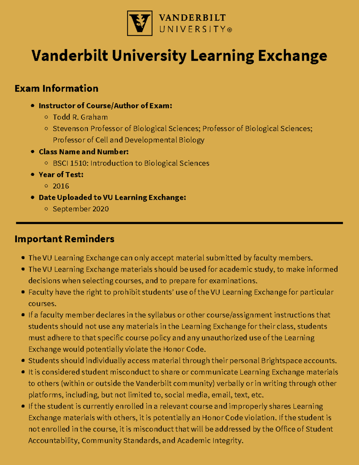 BSCI 1510 02 Graham 2016 Exam 1 - The VU Learning Exchange can only accept material submitted by ...
