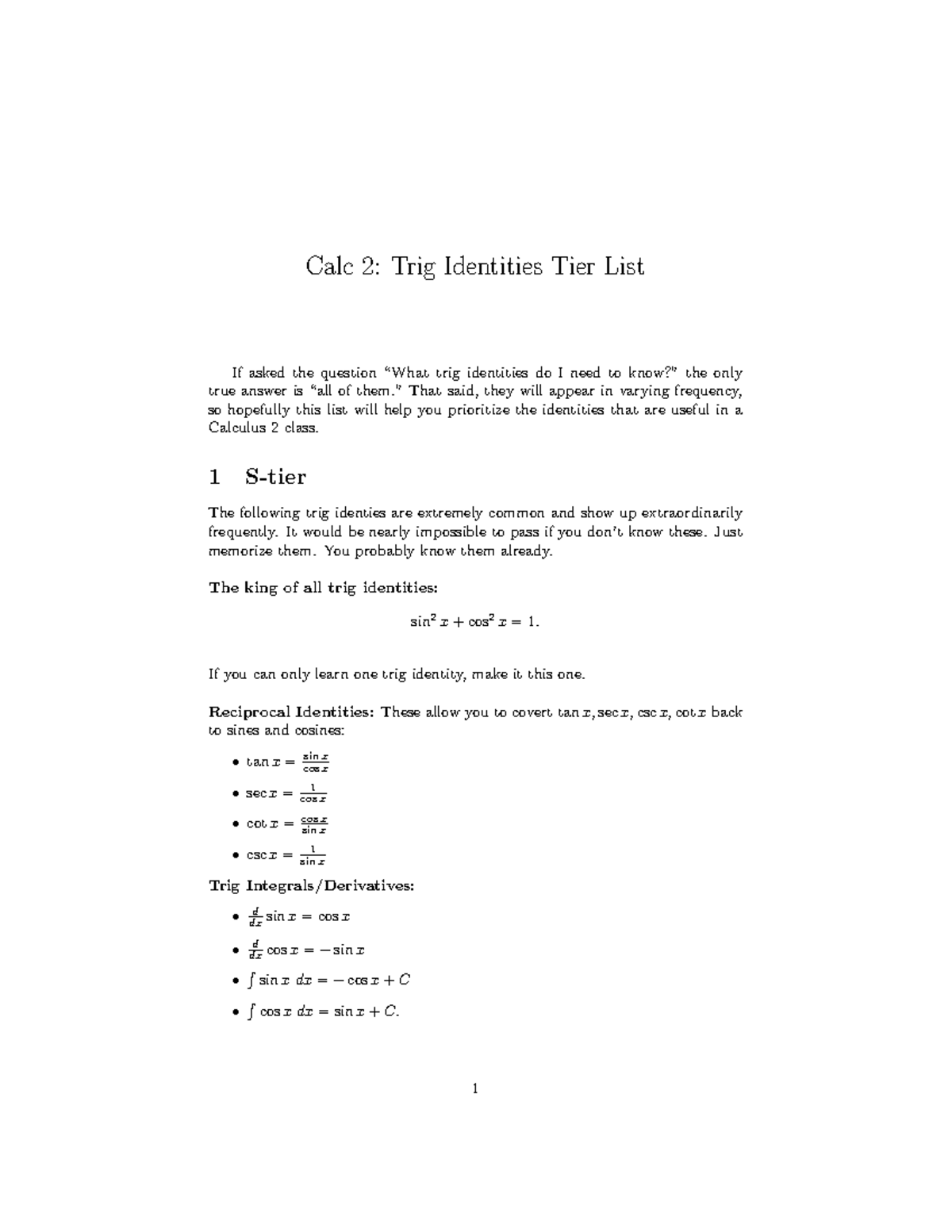 Trig Identities Calculus 2 - Calc 2: Trig Identities Tier List If asked ...