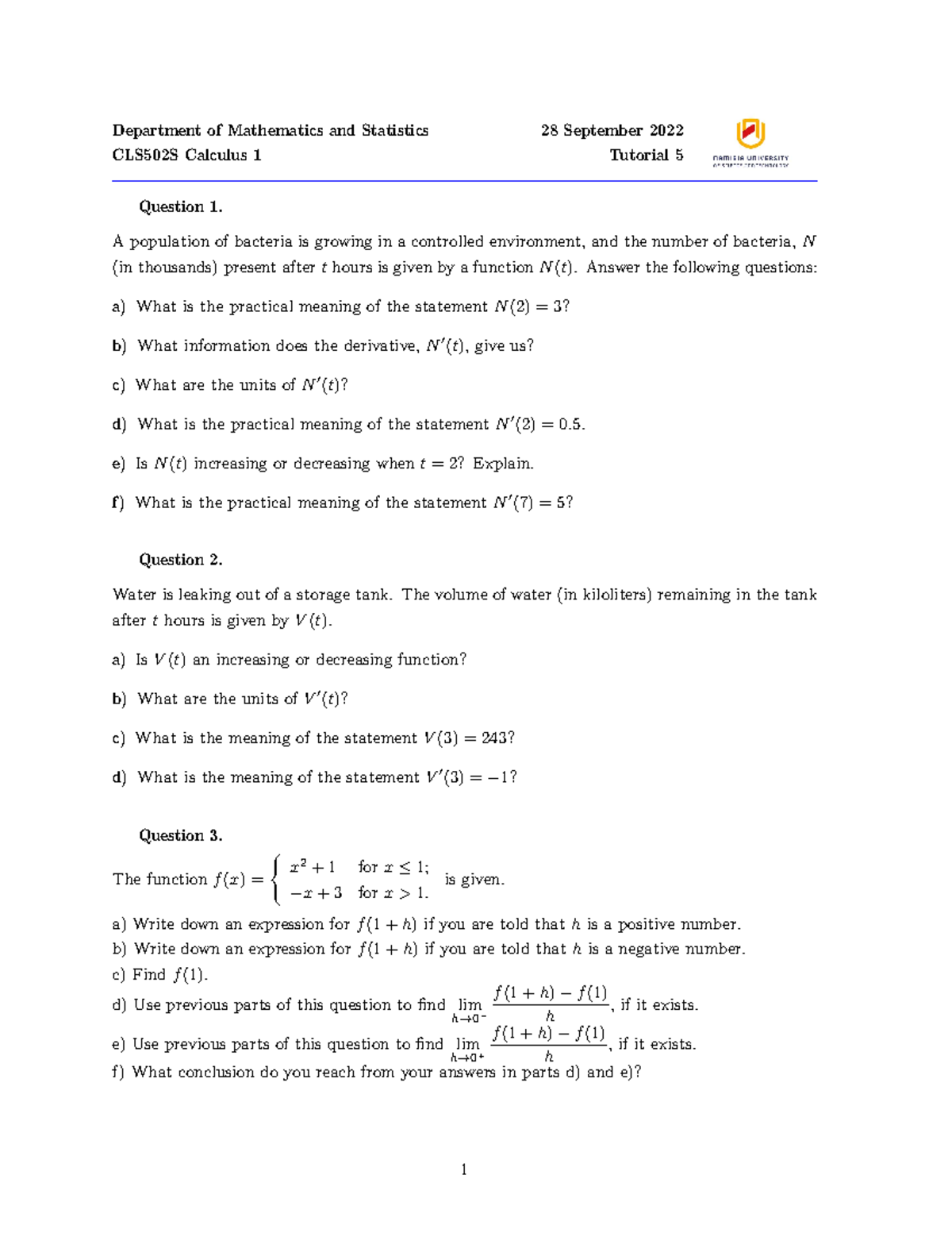 Tutorial 5 - Department of Mathematics and Statistics 28 September 2022 CLS502S Calculus 1 ...
