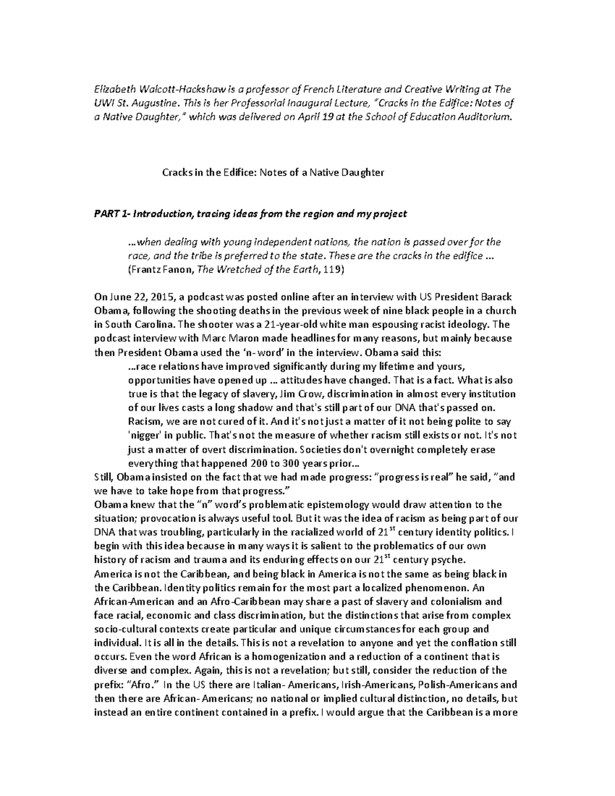 EWH Professorial Lecture April 19 - Elizabeth Walcott-Hackshaw is a ...