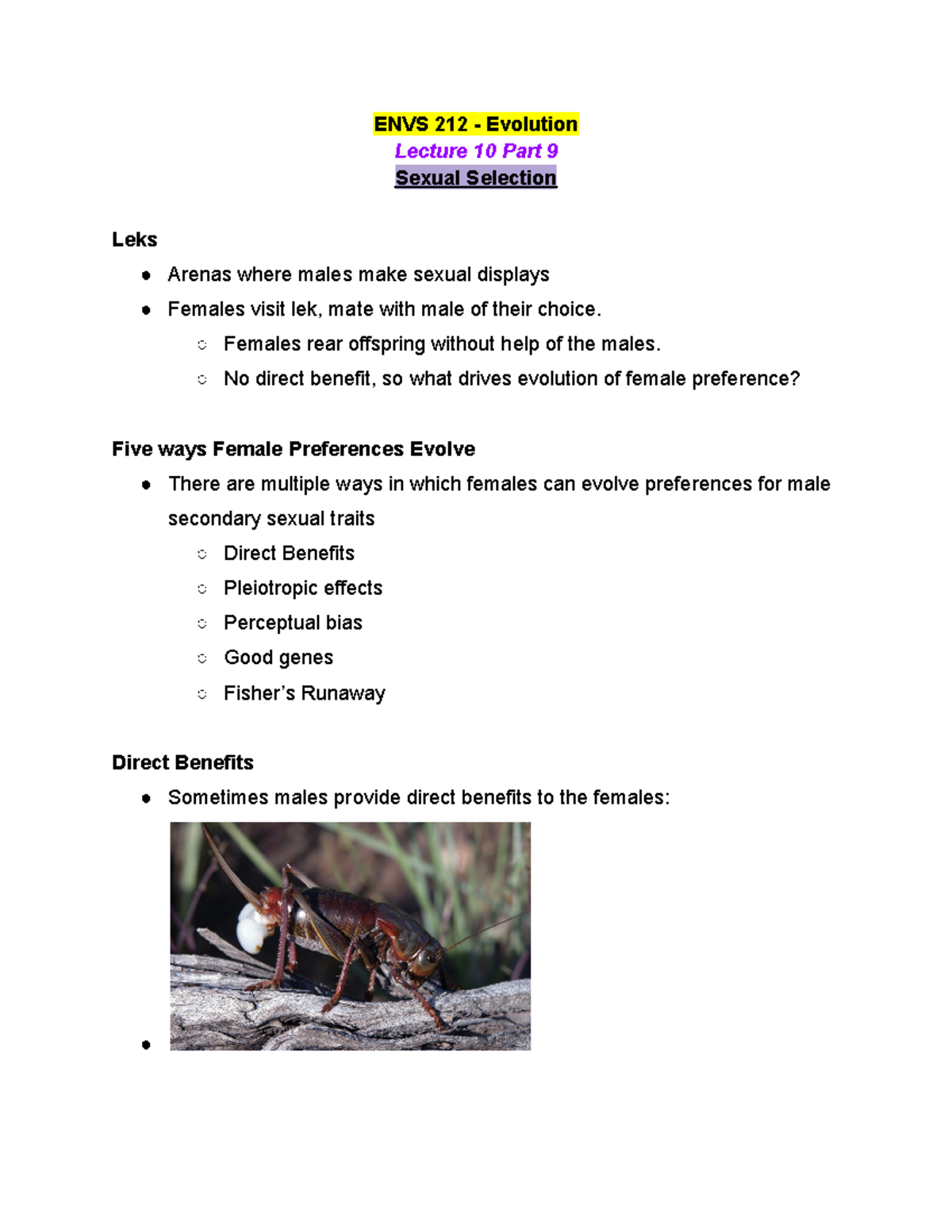 ENVS 212 Lecture 10 Part 9 - Spring 2020 - ENVS 212 - Evolution Lecture 10 Part 9 Sexual ...