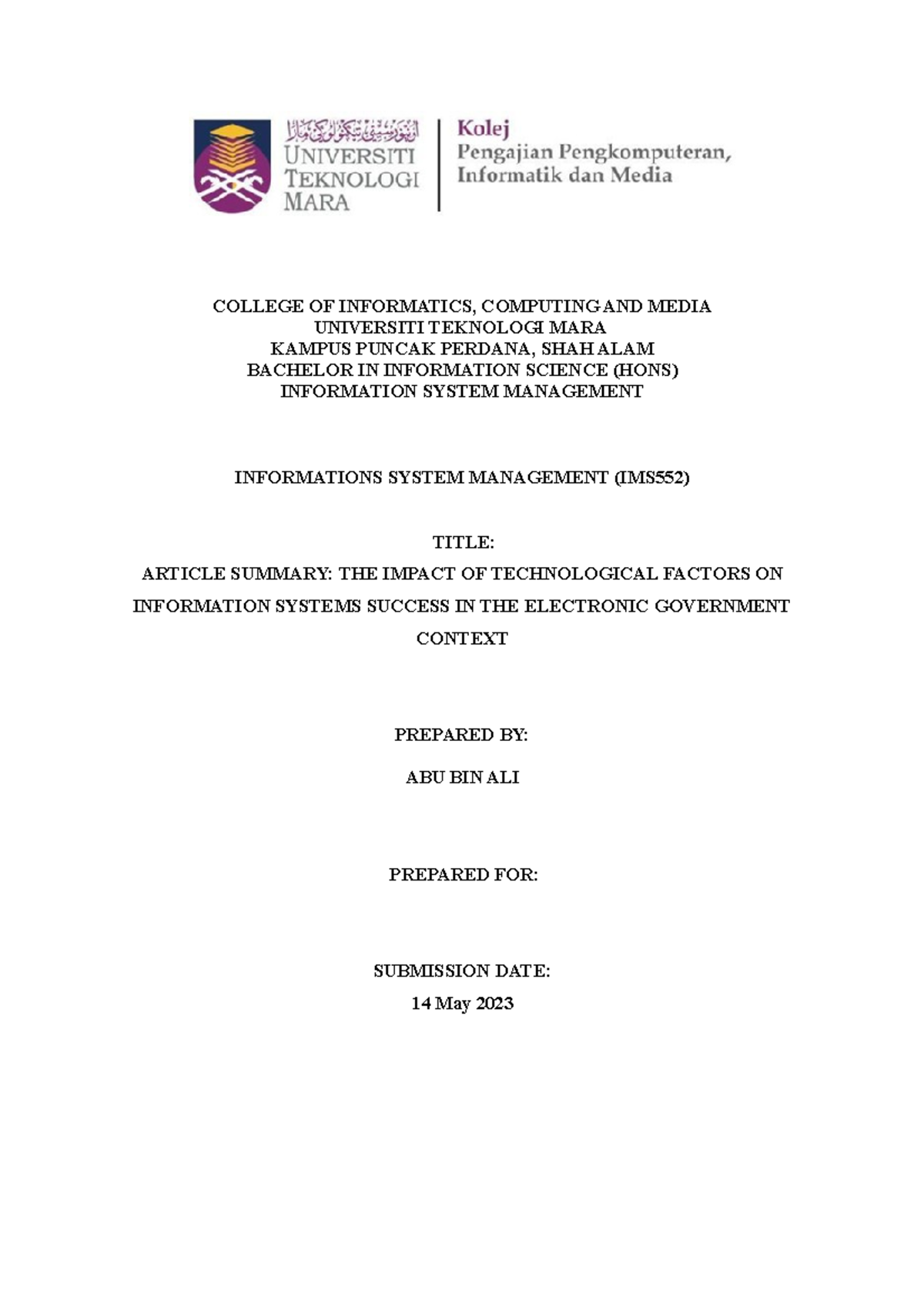 Article Summary IMS552 - COLLEGE OF INFORMATICS, COMPUTING AND MEDIA UNIVERSITI TEKNOLOGI MARA ...
