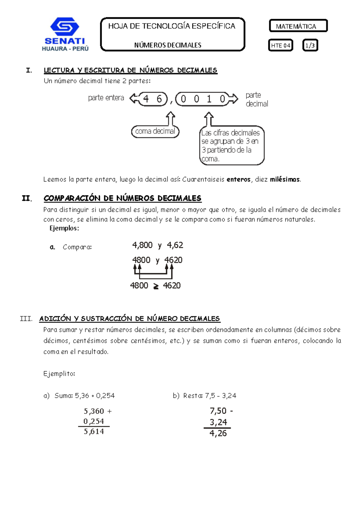 HTE 04 Matematica - decimales - 4 6 , 0 0 1 0 coma decimal Las cifras ...