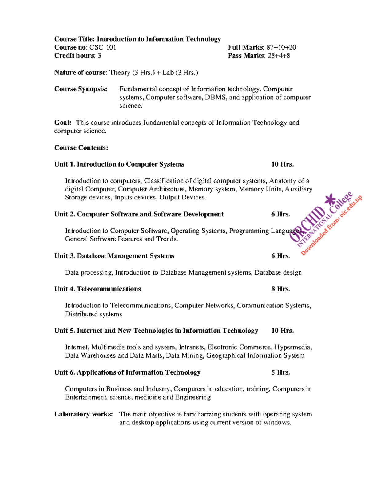 CSIT 1st-sem - summary of the course. - Course Title: Introduction to ...