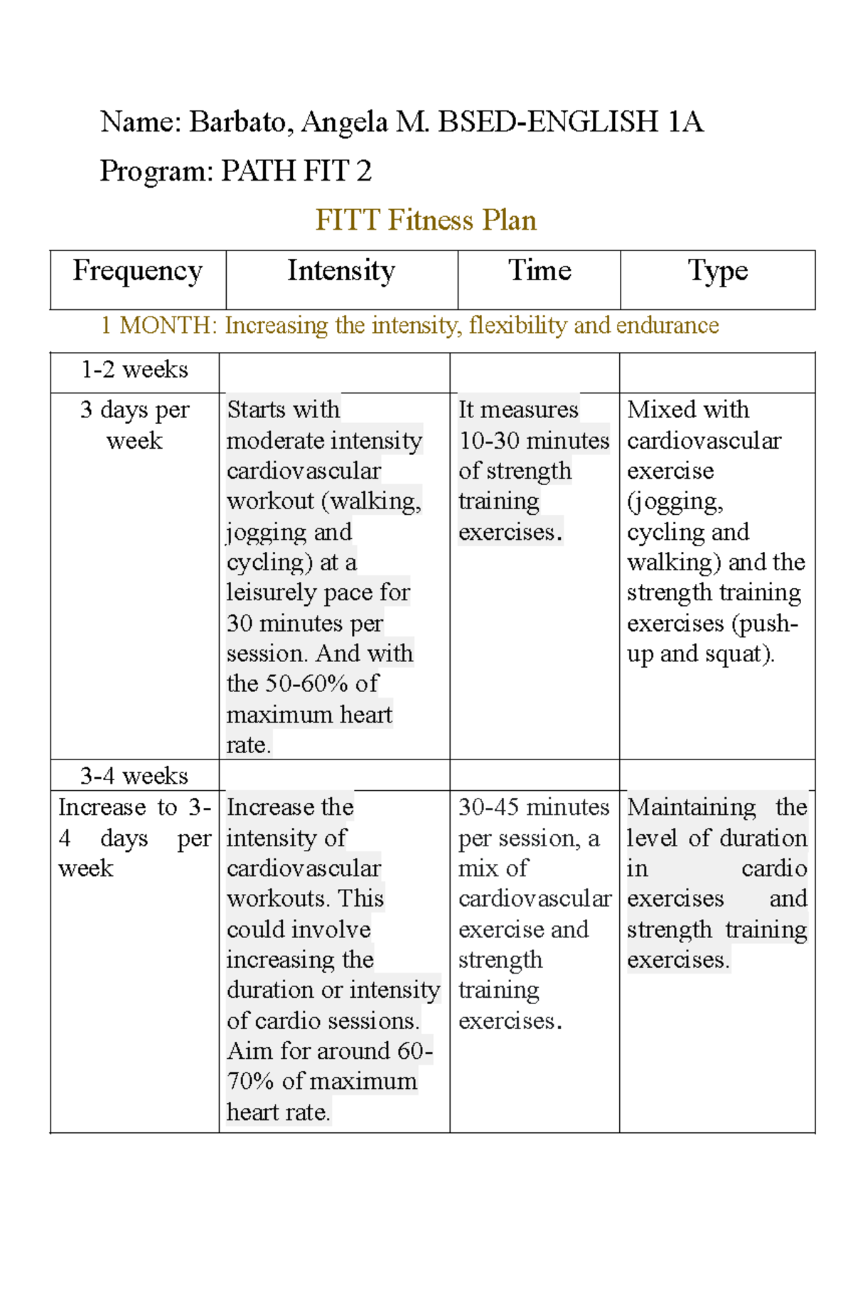Fitness PLAN- PATH FIT 2 - Name: Barbato, Angela M. BSED-ENGLISH 1A ...