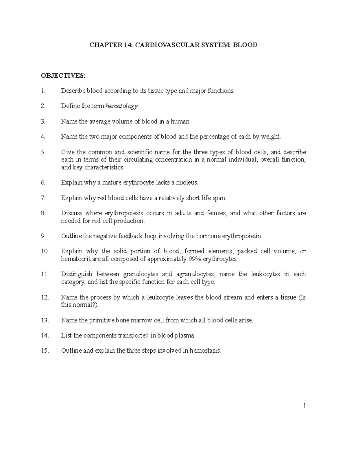 Chapter 14 outline - CHAPTER 14: CARDIOVASCULAR SYSTEM: BLOOD ...