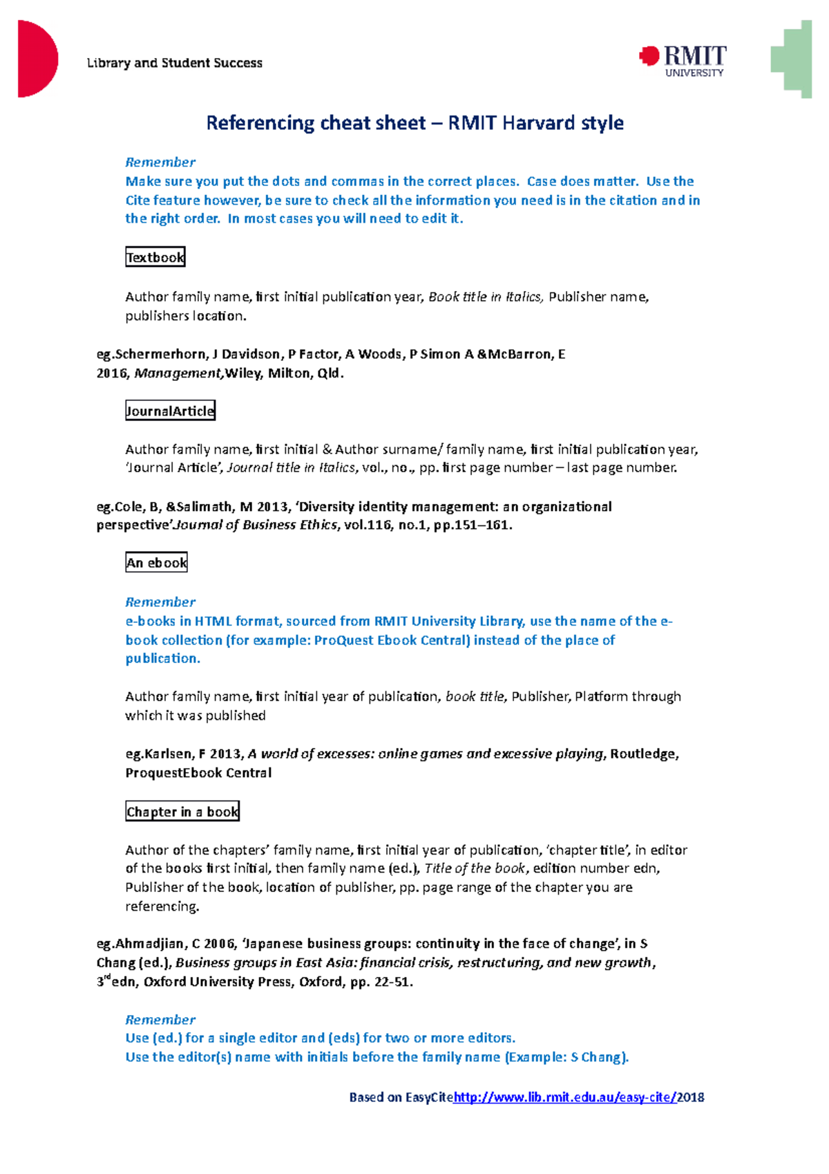 Refencing Harvard 1pg Cheat sheet S2 2020-1 - Referencing cheat sheet ...