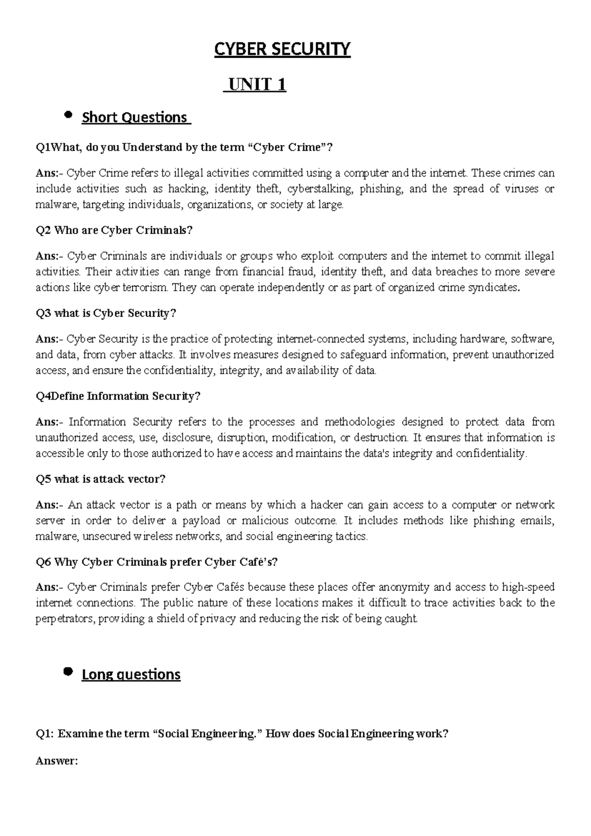 Cyber Security ALL UNIT IMP Q& Answer - CYBER SECURITY UNIT 1 Short ...