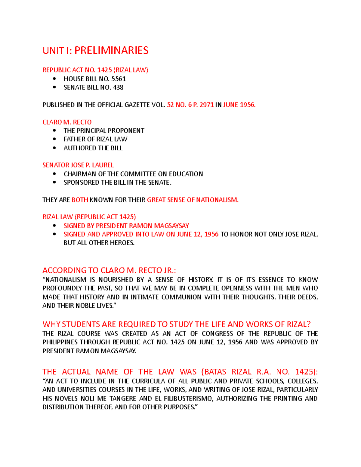 LIFE AND Works OF Rizal - UNIT I: PRELIMINARIES REPUBLIC ACT NO. 1425 ...