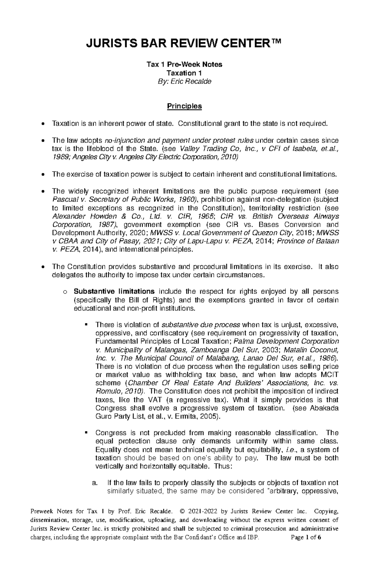 Preweek Notes for Tax 1 by Prof. Eric Recalde - Preweek Notes for Tax 1 ...