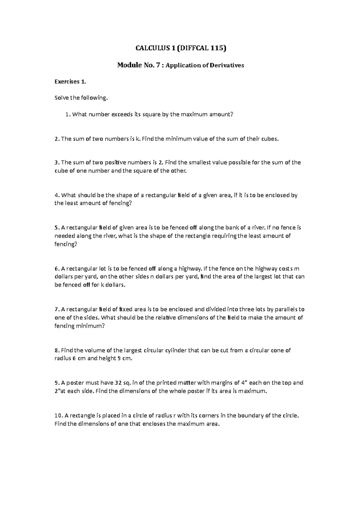 Diffcal 115 - Application of Derivatives Exercises - CALCULUS 1 ...